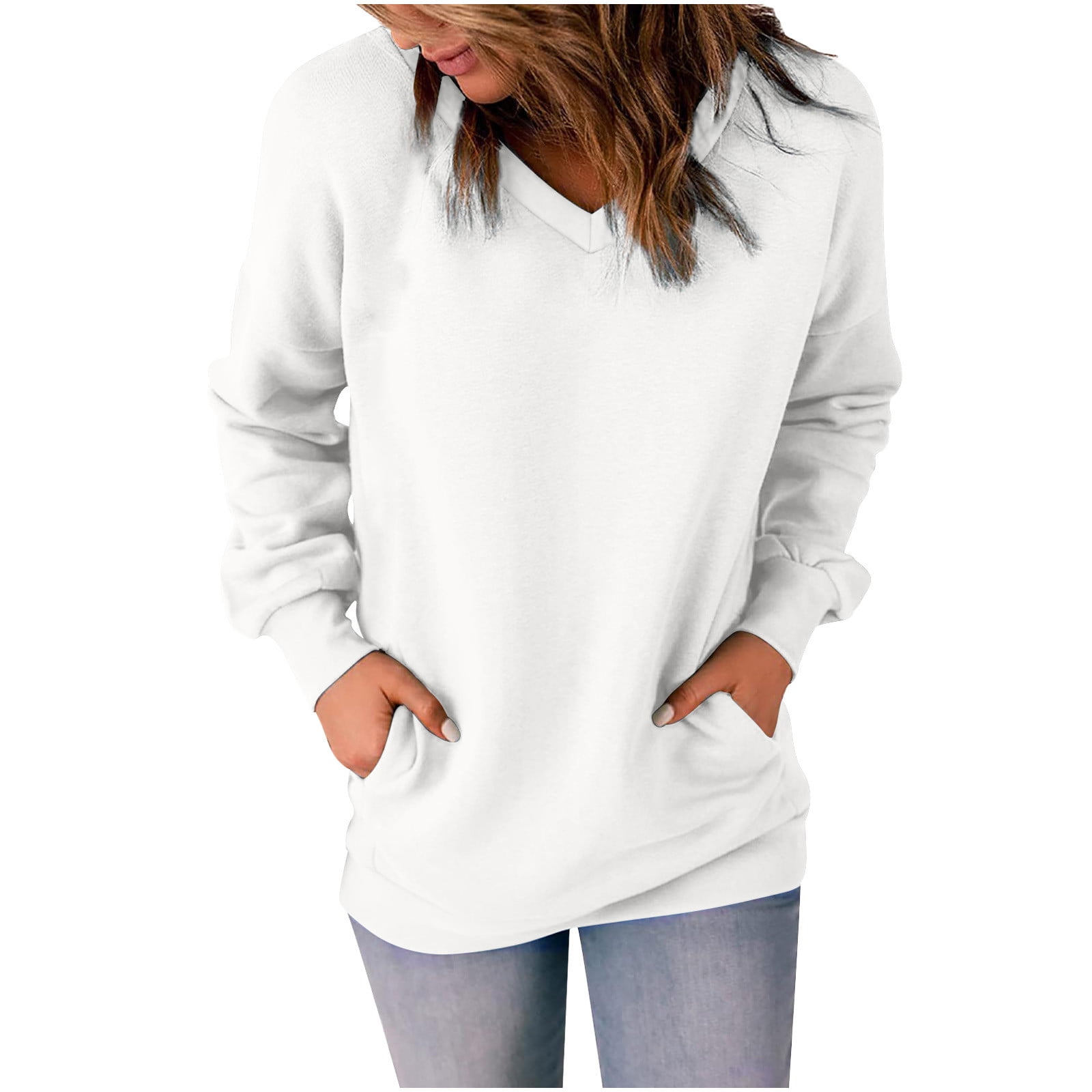 Tops for Women Classic Solid Color Sweatshirts V-neck Long Sleeve Loose ...