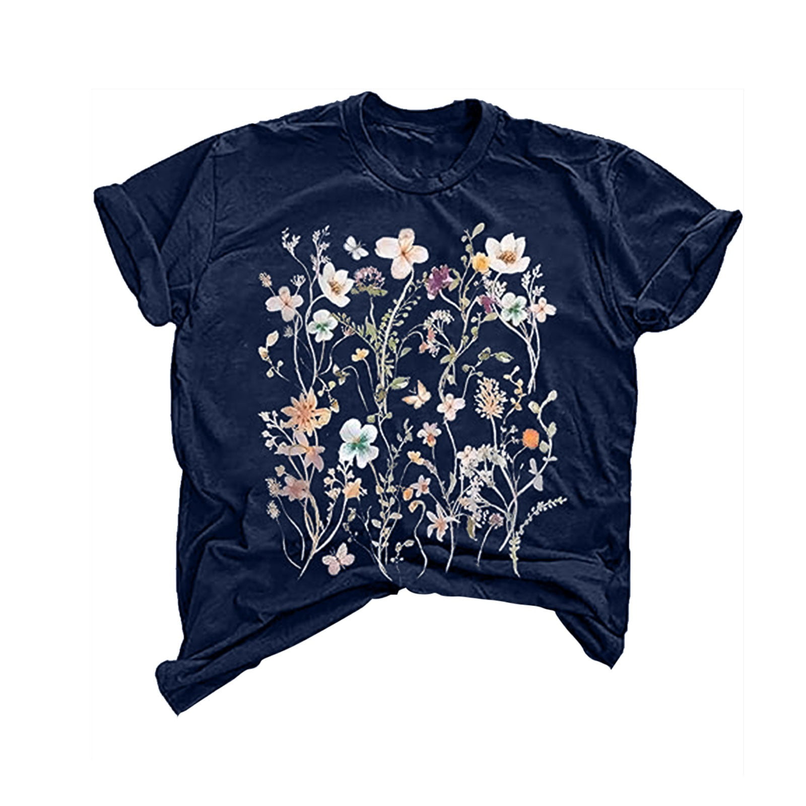 Tops for Women Floral Print Short Sleeve Crew Neck Summer Beach Tees ...