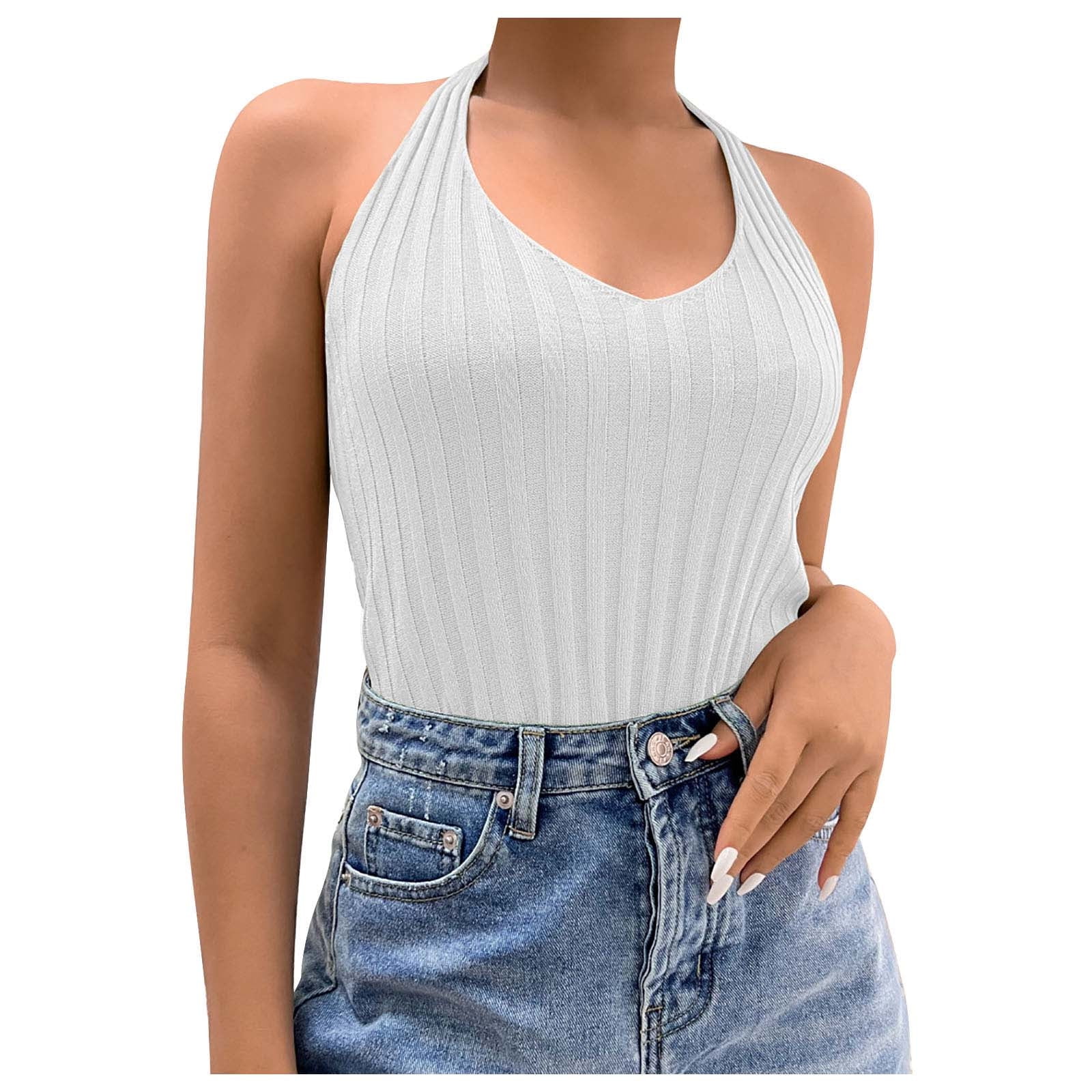 Tops for Women Knit V Neck Sleeveless Summer T Shirts Solid Casual Slim ...