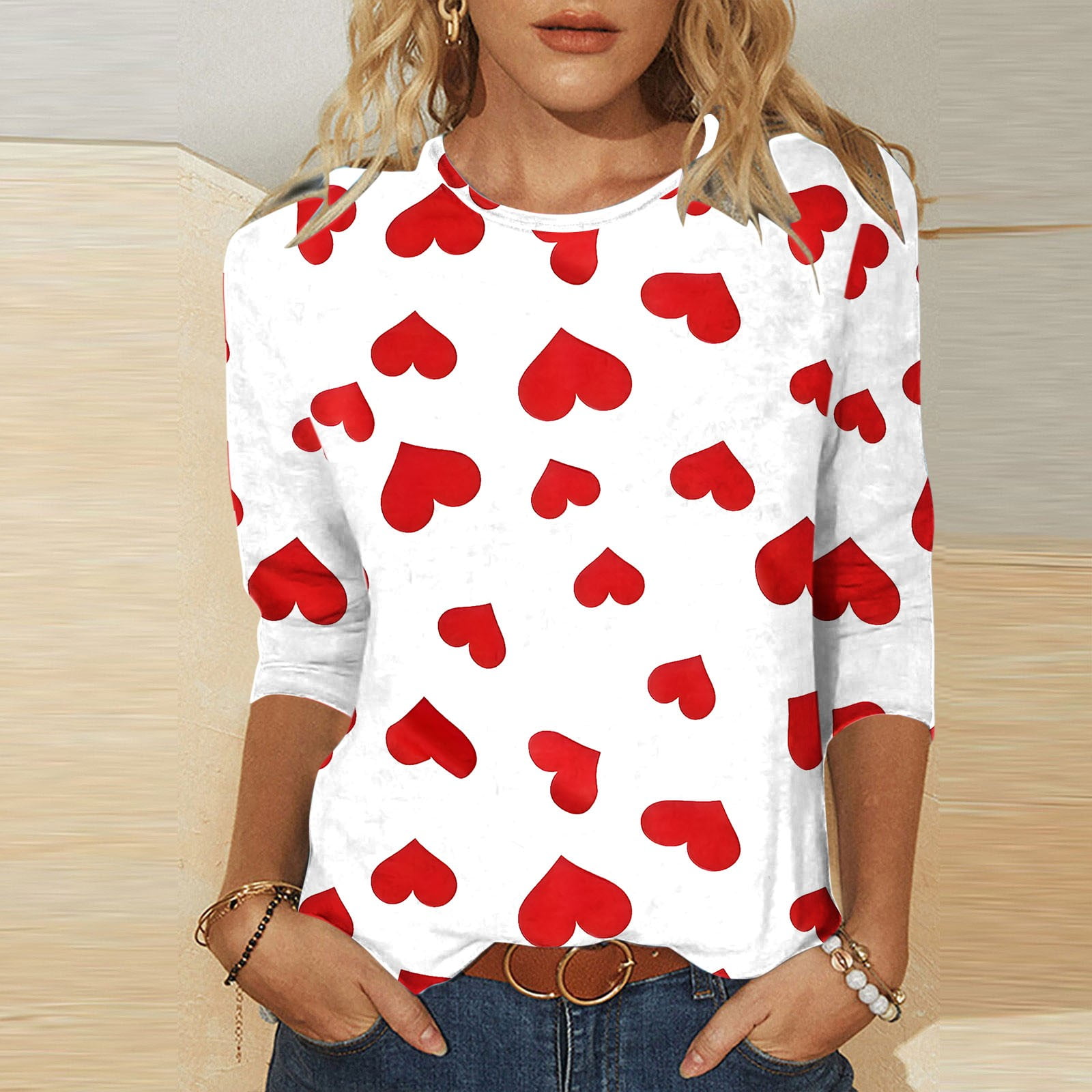 Tops for Women Plus Size 3/4 Sleeves Printed Loose Round Neck Casual T ...