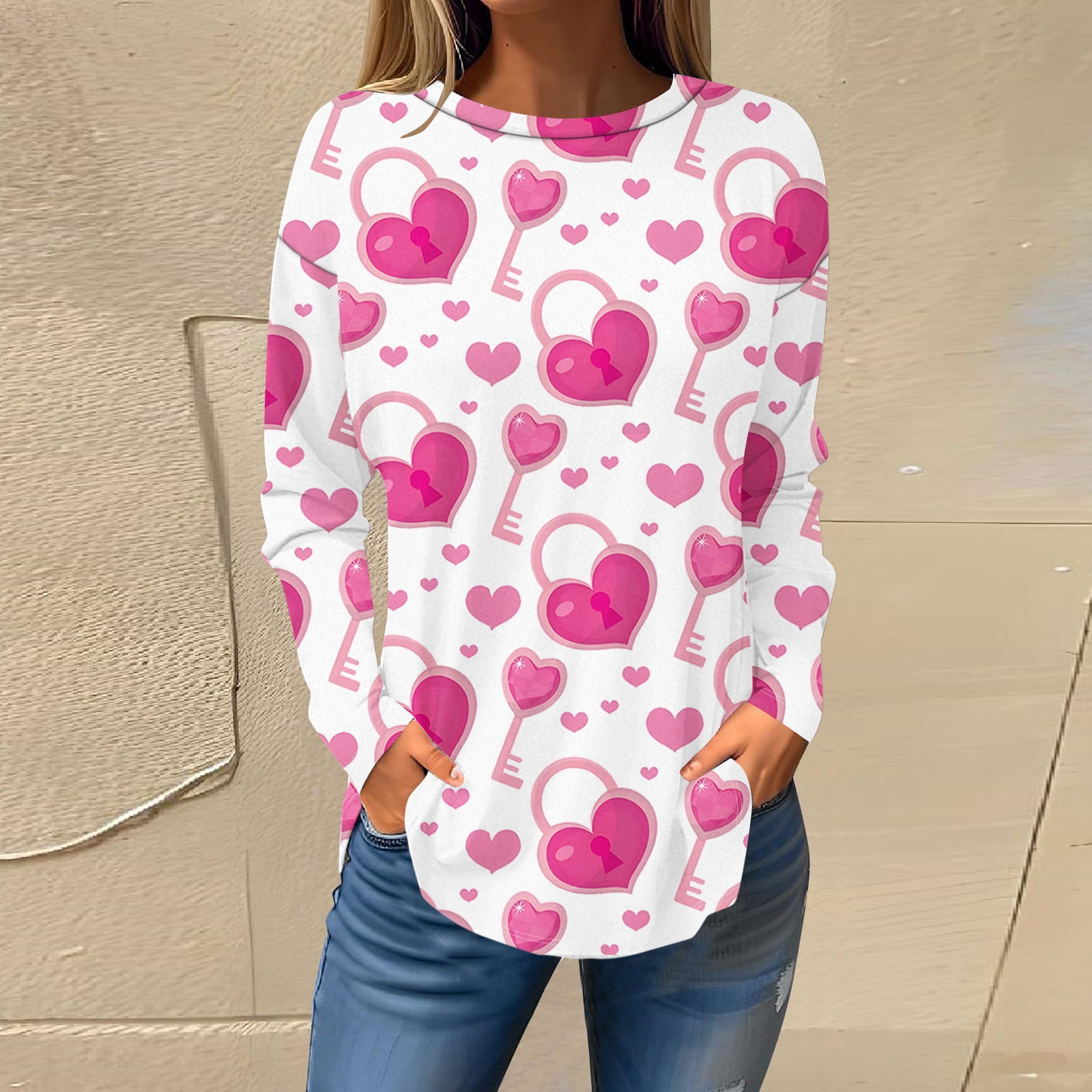 Tops for Women Plus Size Long Sleeves Printed Loose Round Neck Casual ...