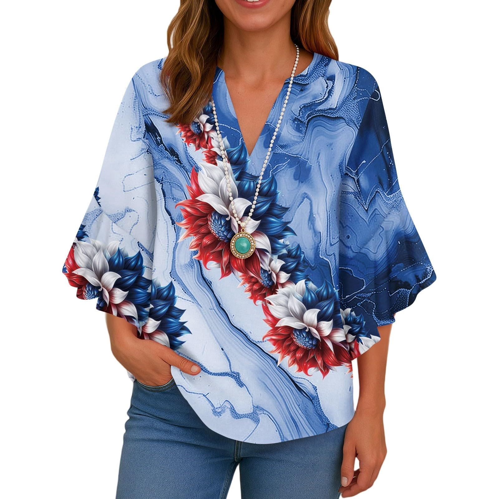 Tops for Women Trendy 250Th Anniversary Usa 3/4 Sleeve V Neck Patriotic ...