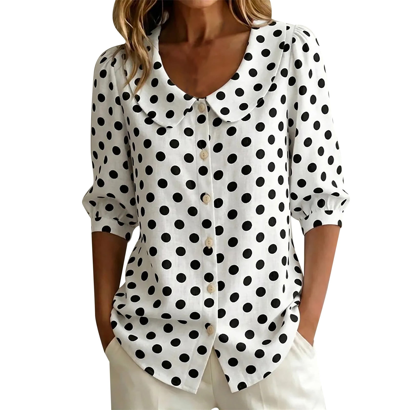 Tops for Women Trendy Satin Polka Dots Button Down Lapel Blouse, Long ...