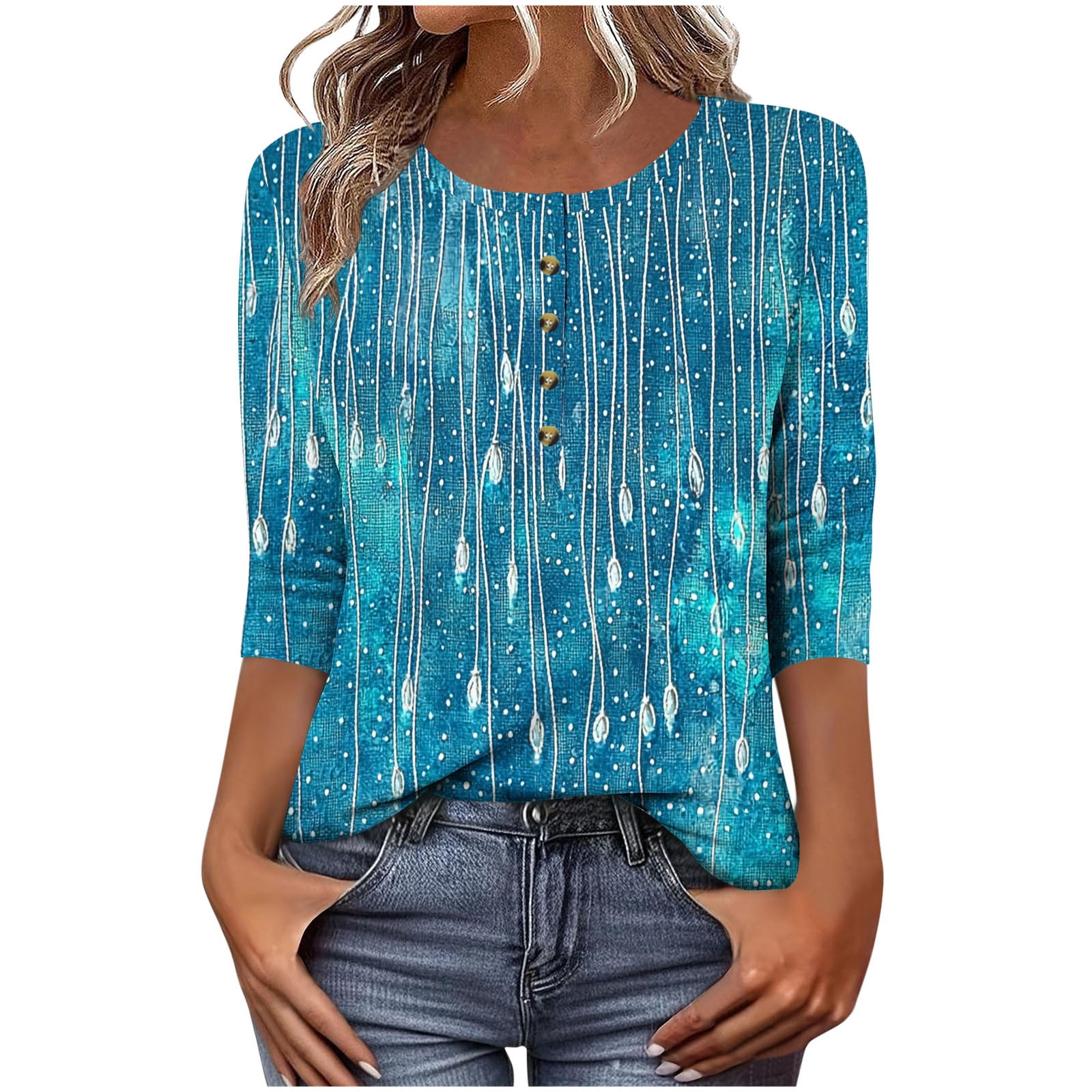 Tops for Women Trendy Summer 3/4 Sleeve Crew Neck Button Shirts Casual ...