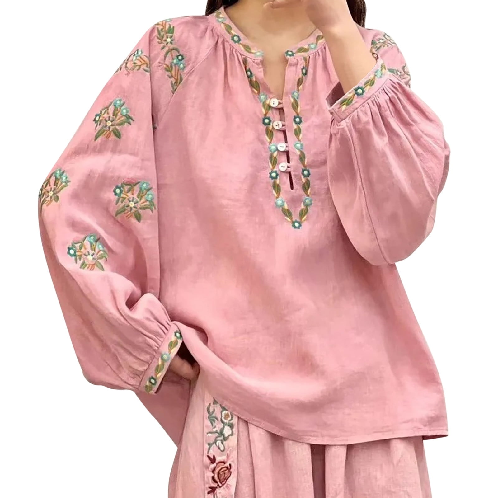 Tops for Women Vintage V Neck Button Down Floral Embroidery Long Sleeve ...