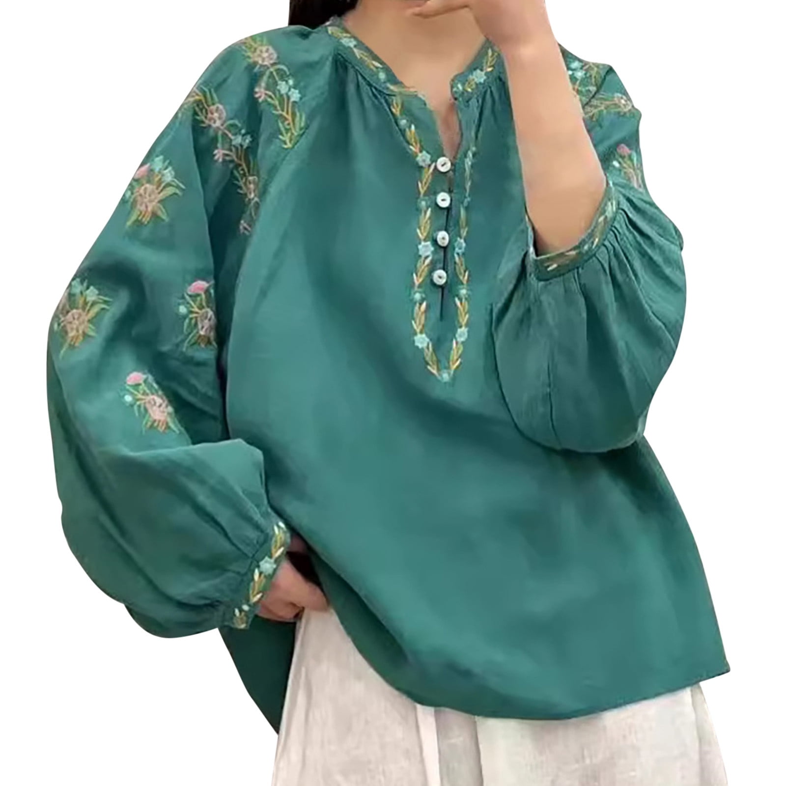 Tops for Women Vintage V Neck Button Down Floral Embroidery Long Sleeve ...
