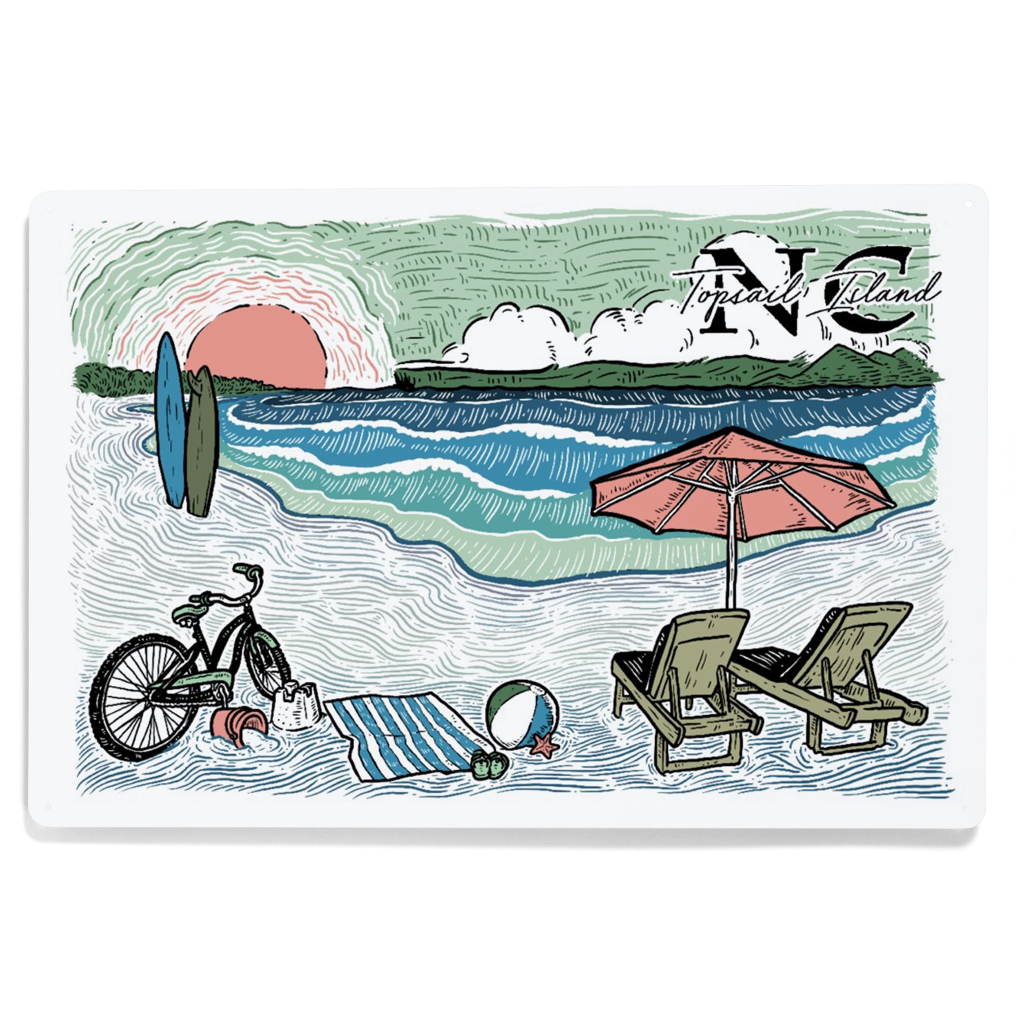 Topsail Island, North Carolina, Beach Scene, Sketch (12x18 Aluminum Art ...