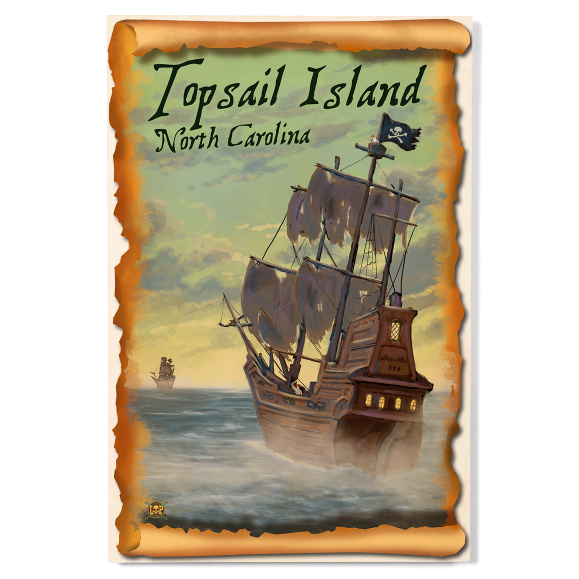 Topsail Island, North Carolina, Pirate Ship Birch Wood Wall Sign (12x18 ...