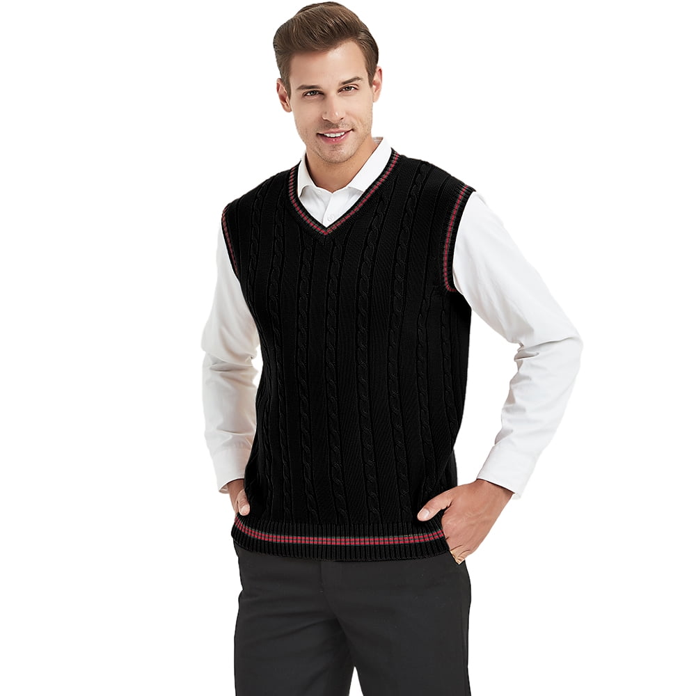 Toptie Men's 100% Cotton Knit Sweater Vest, V Neck Cable Pattern ...