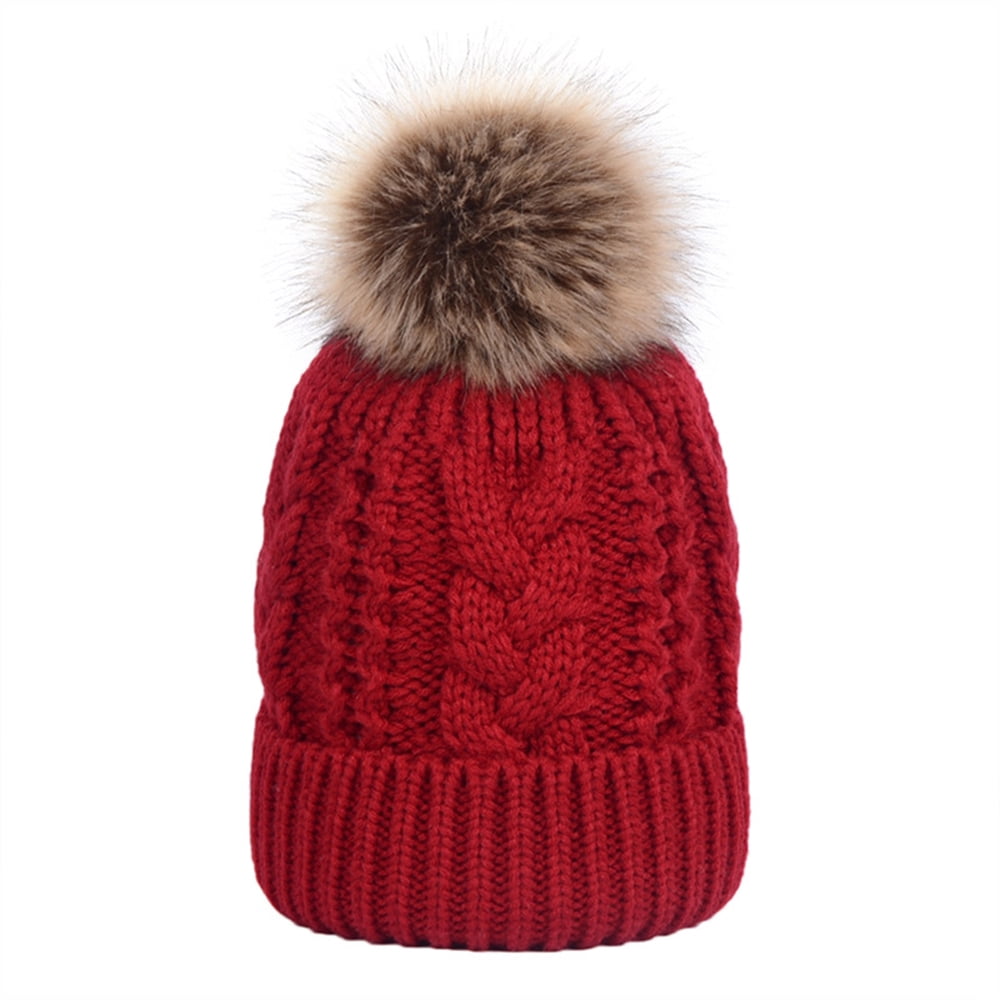 Toptie Womens Winter Fleece Lined Cable Knit Hat Faux Fur Pom Pom ...