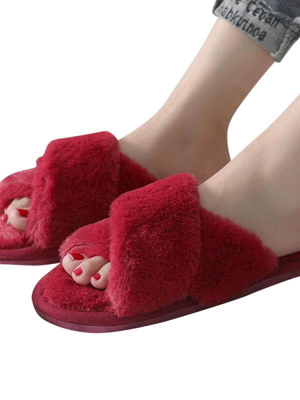 Topumt Cross Open Toe Fuzzy Fluffy House Slippers for Women Cozy Plush Criss Cross Furry Slides ...