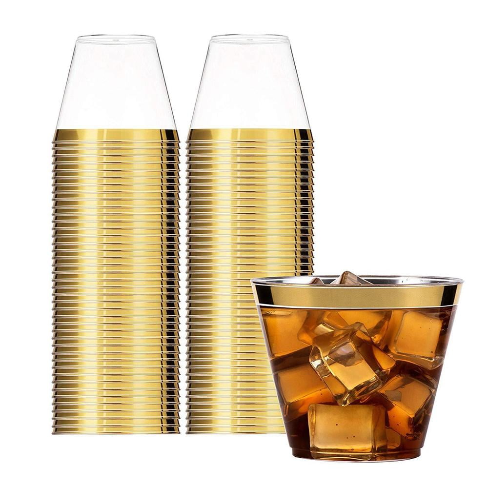 Topumt Gold Rimmed Plastic Cups, Clear Plastic Cups Tumblers ...