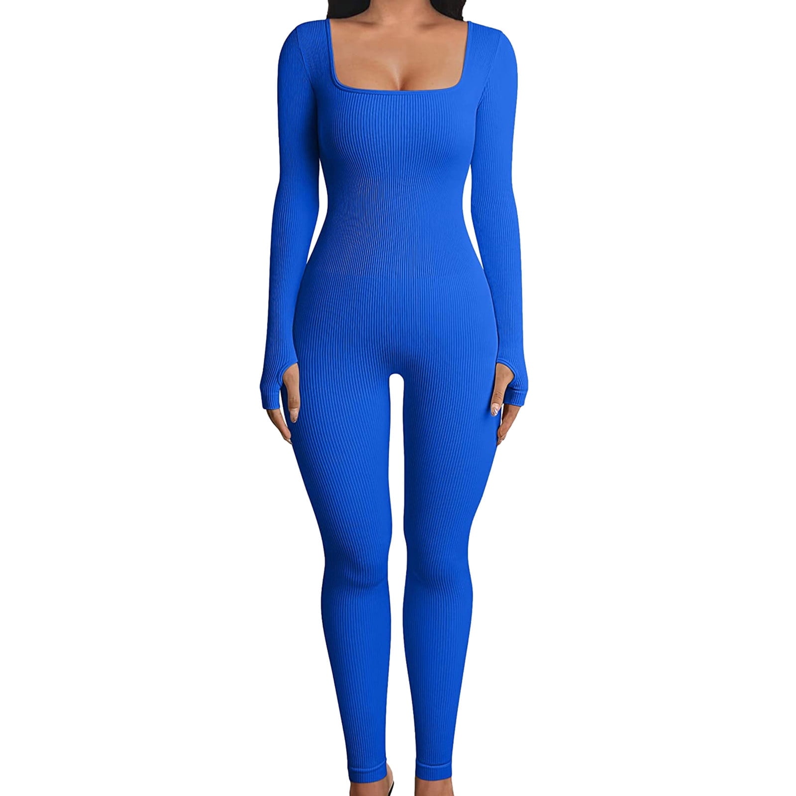 Topvent Women Yoga Jumpsuits Workout Ribbed Long Sleeve Square Neck ...