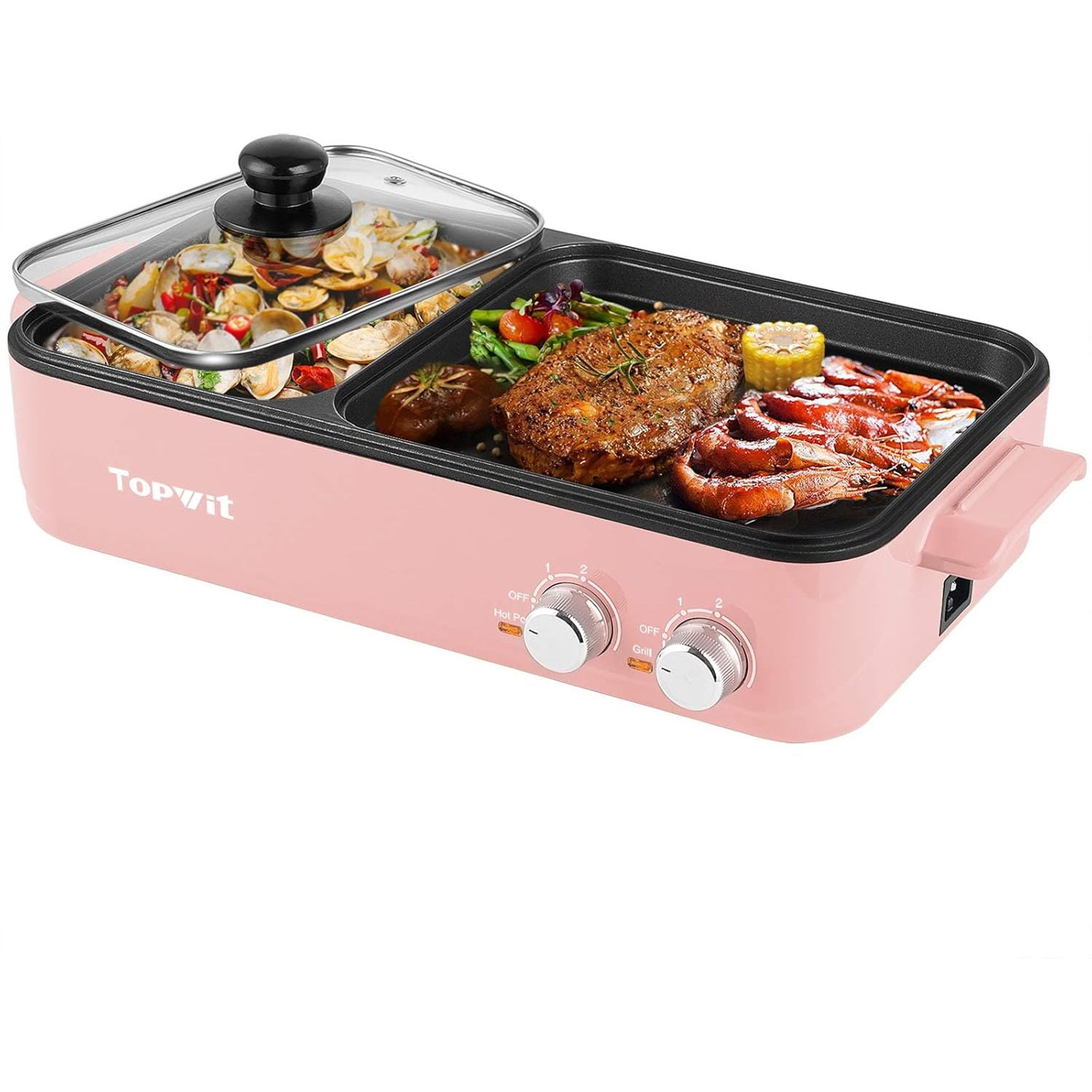 Topwit Hot Pot Electric with Grill, 2 in 1 Indoor Non-stick for Steaks, Shabu Shabu, Noodles ...