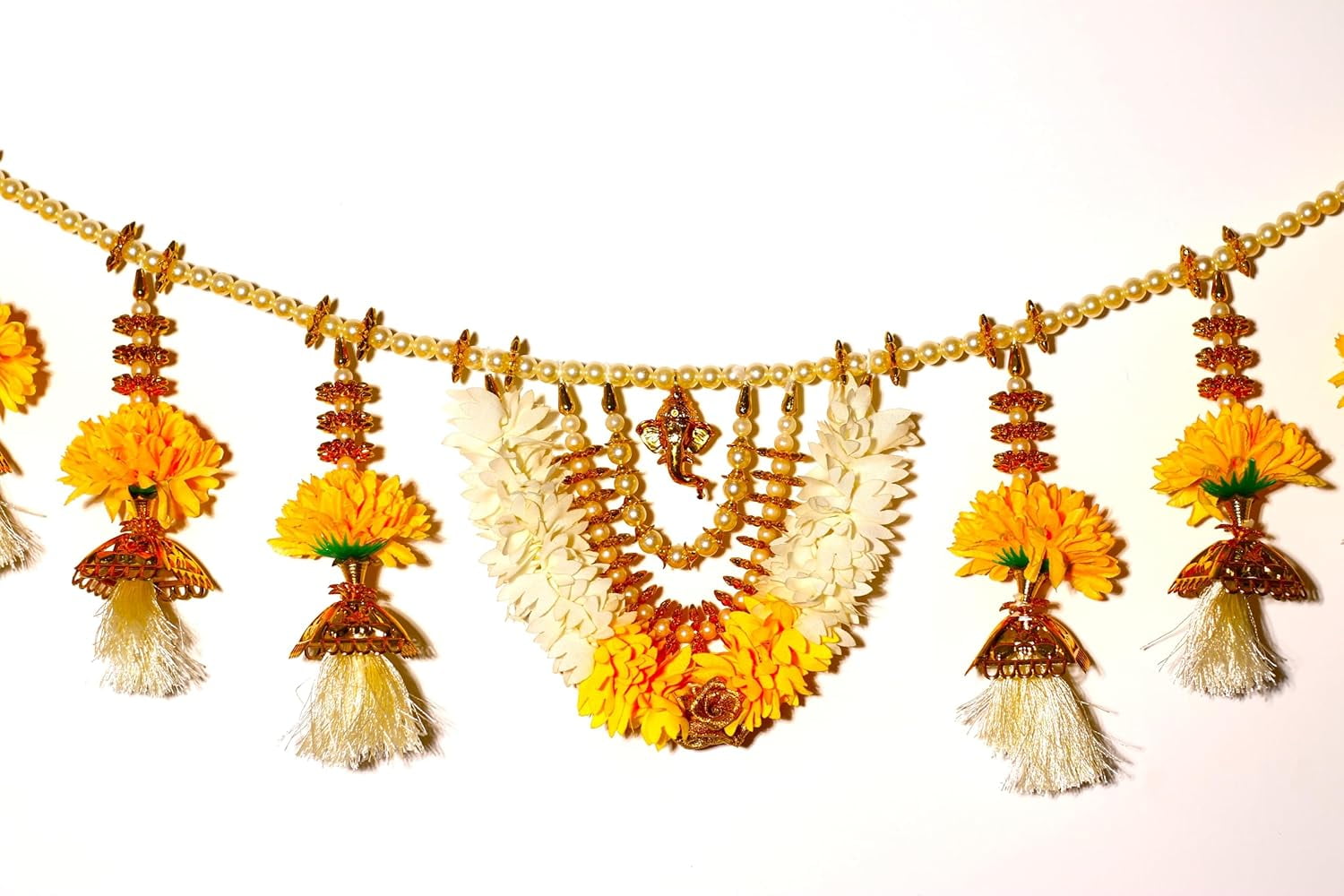 Toran for Door Artifical Yellow Flower Toran with Ganpati White Beads ...