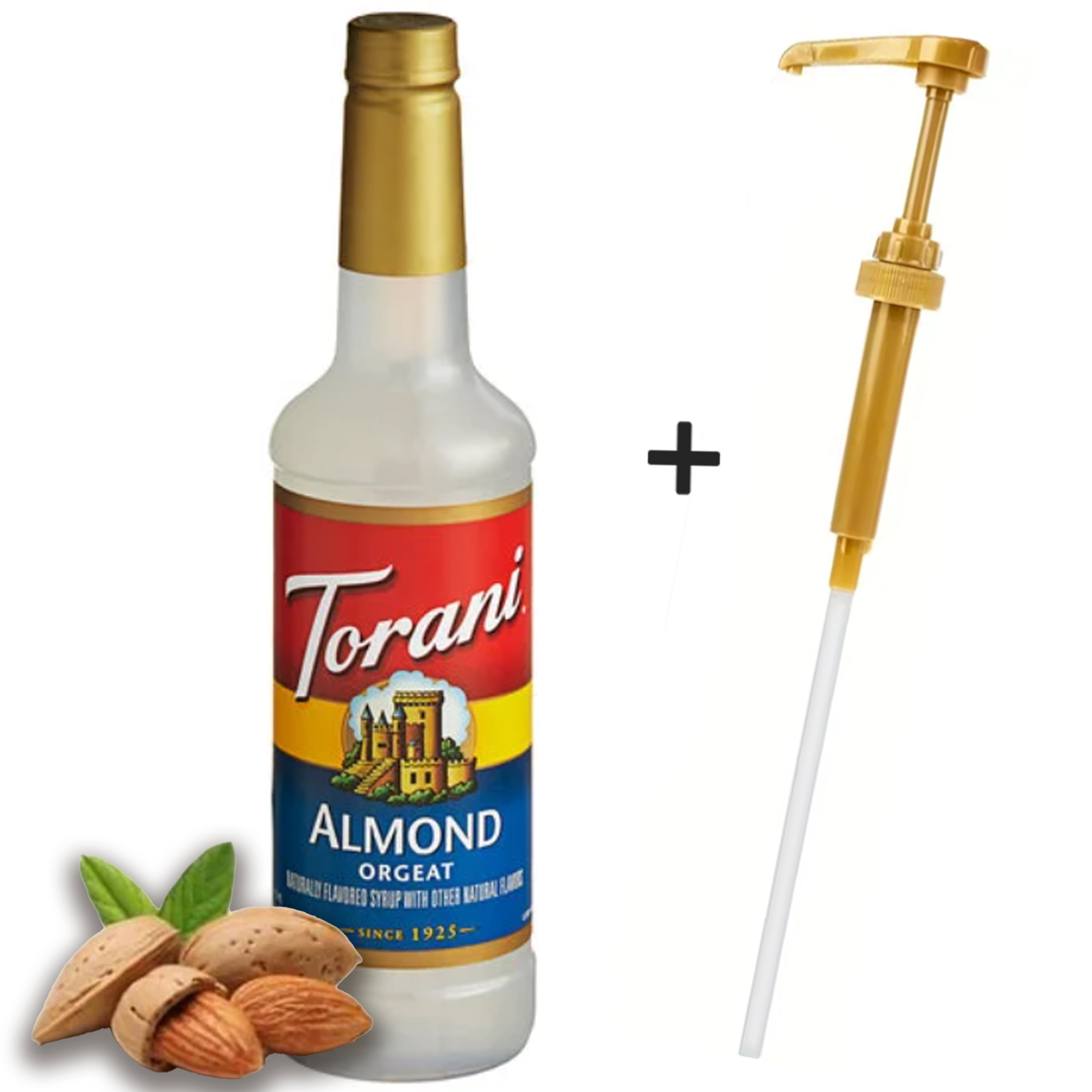 Torani Almond (Orgeat) Syrup, 25.4 oz (750 mL) + Gold Syrup Pump ...