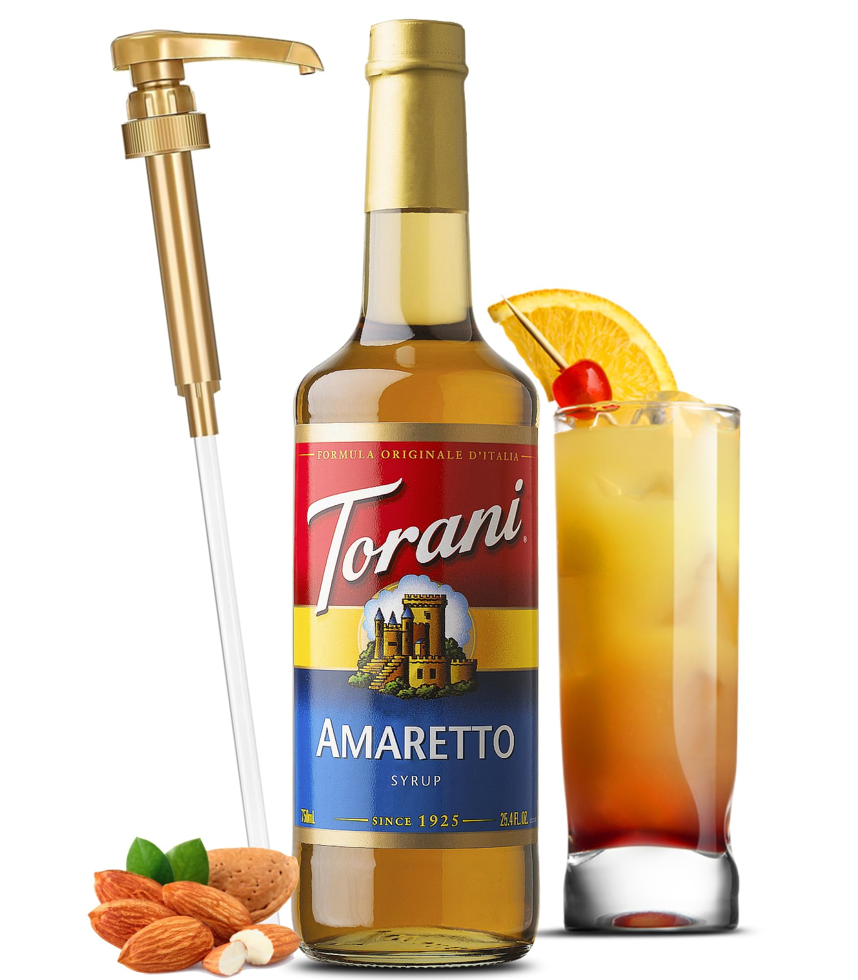 Torani Amaretto Syrup with Little Squirt Syrup Pump, 750ml 25.4 Ounces ...