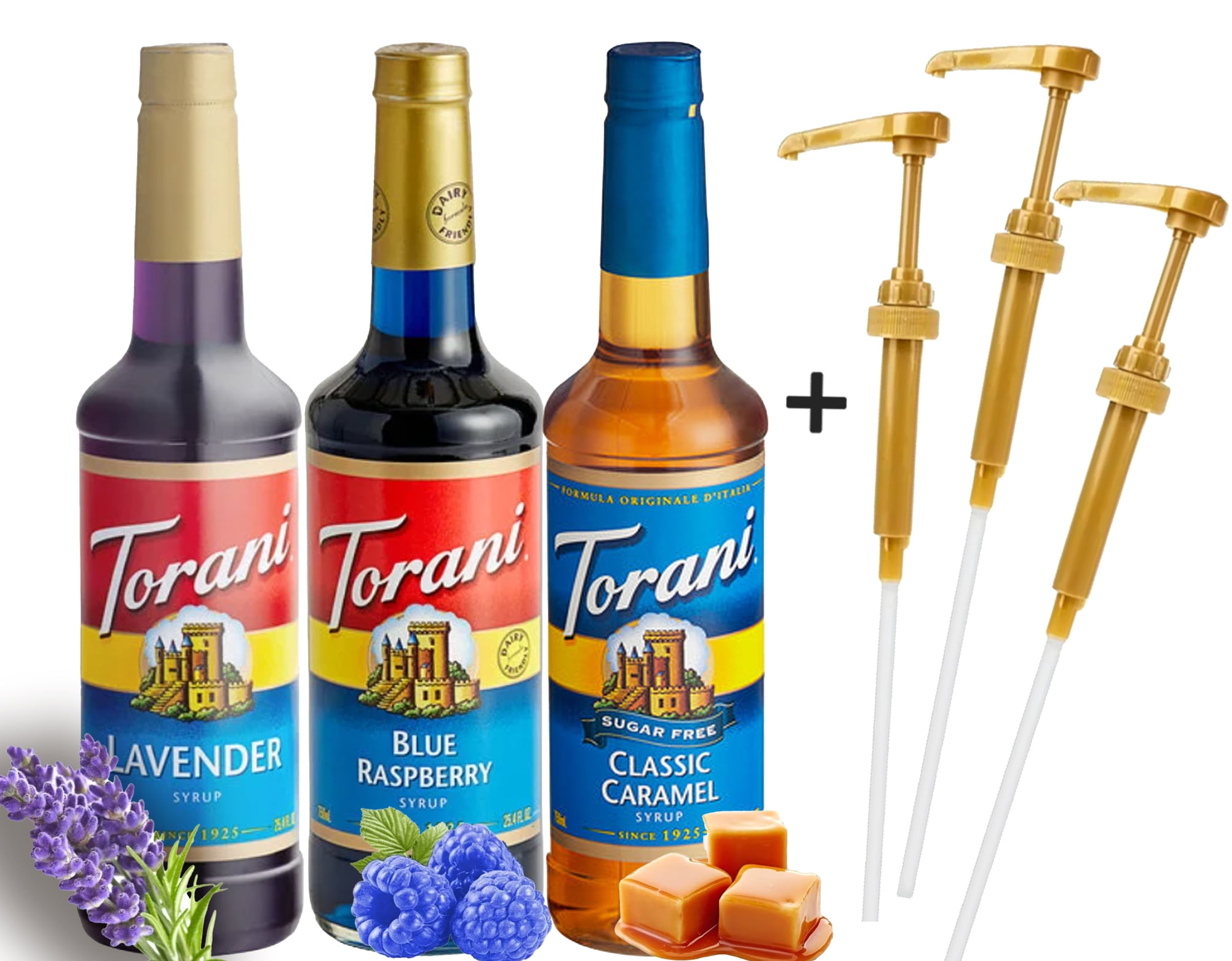 Torani Blue Raspberry + Lavender + Sugar-Free Classic Caramel Syrup, 25 ...