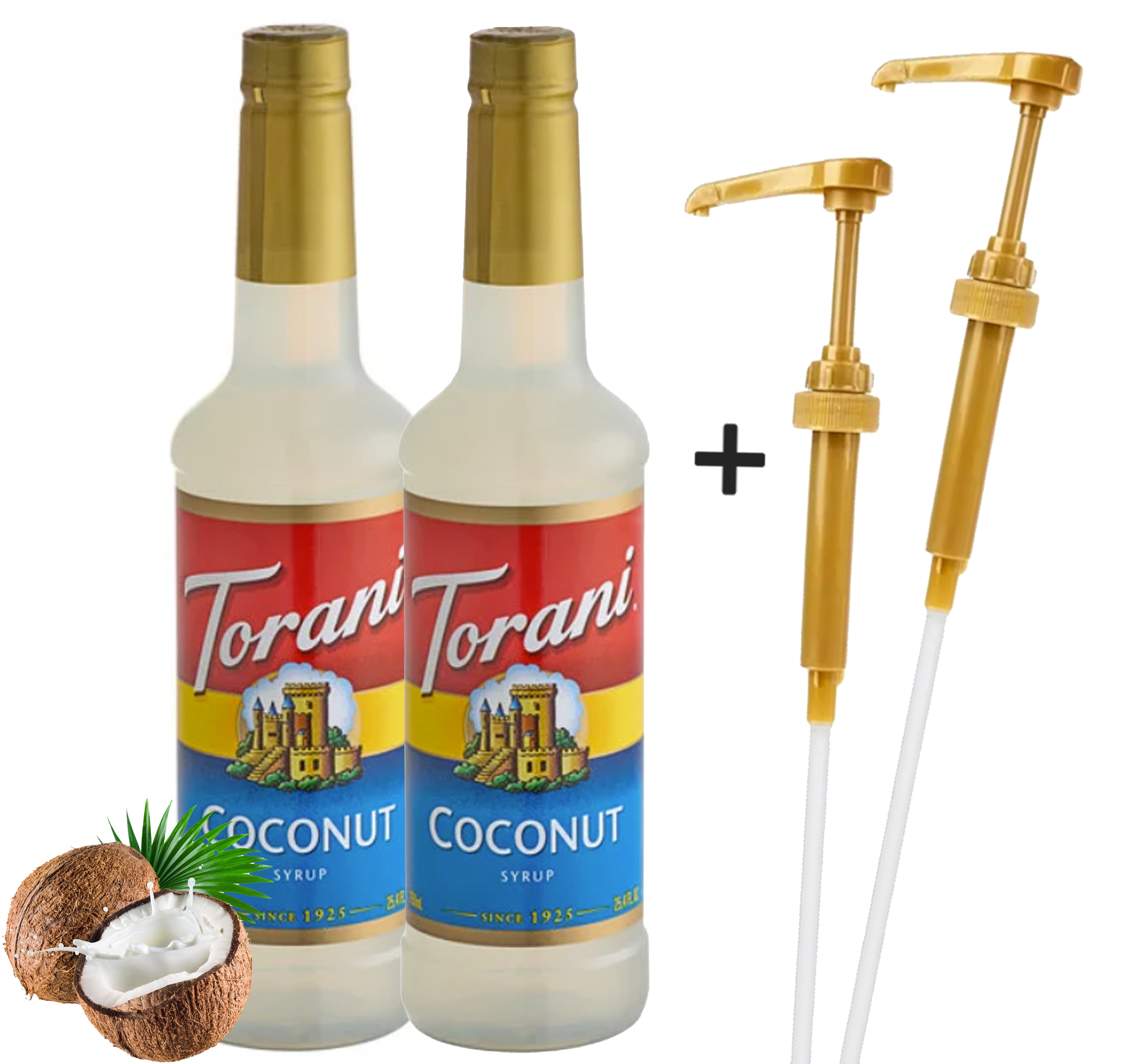 Torani Coconut Flavored Fruit Syrup 25.4 oz (750ml) + Gold Syrup Pupm l ...