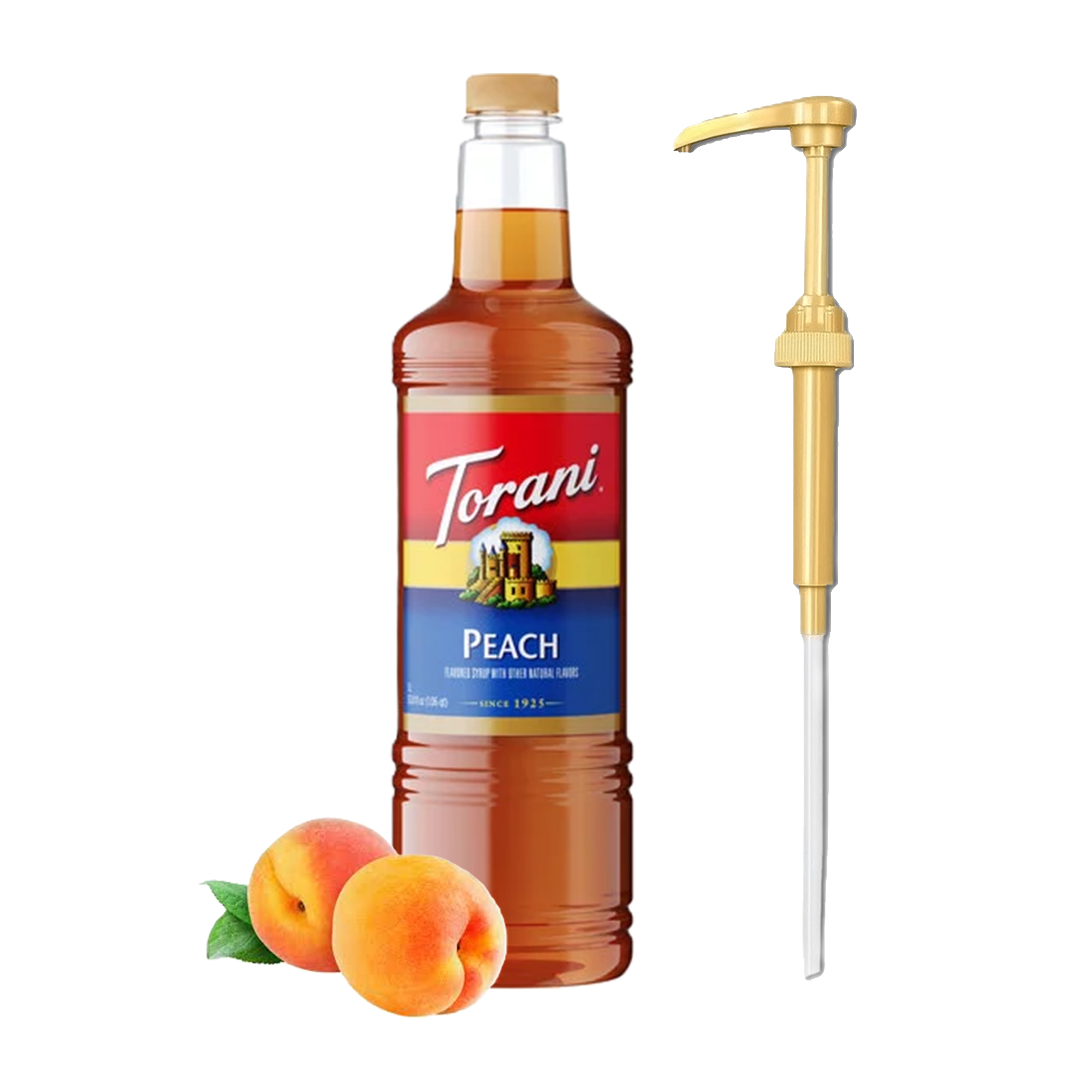 Torani Peach Flavored Syrup, 1 Liter Plastic Bottle + Gold Syrup Pump ...
