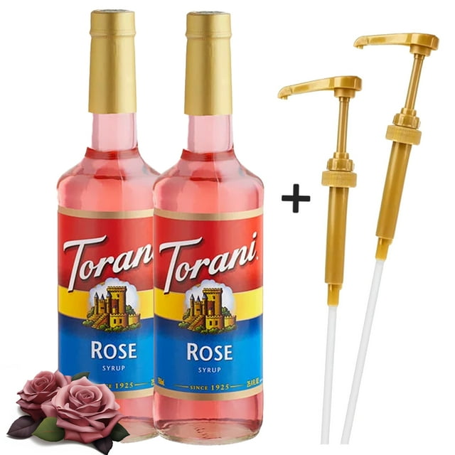 Torani Rose Syrup 25.4 oz (750 mL) + Gold Syrup Pump l Pack of 2 ...