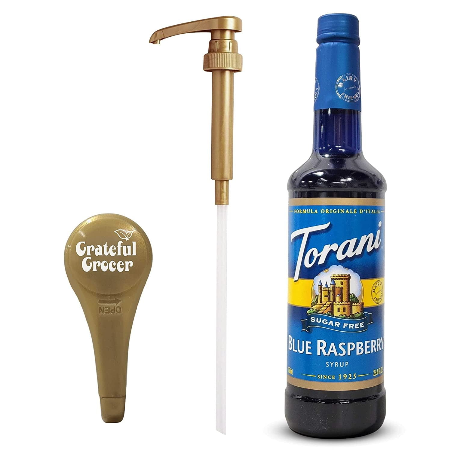 Torani Sugar Free Blue Raspberry Syrup with Grateful Grocer Syrup Pump ...