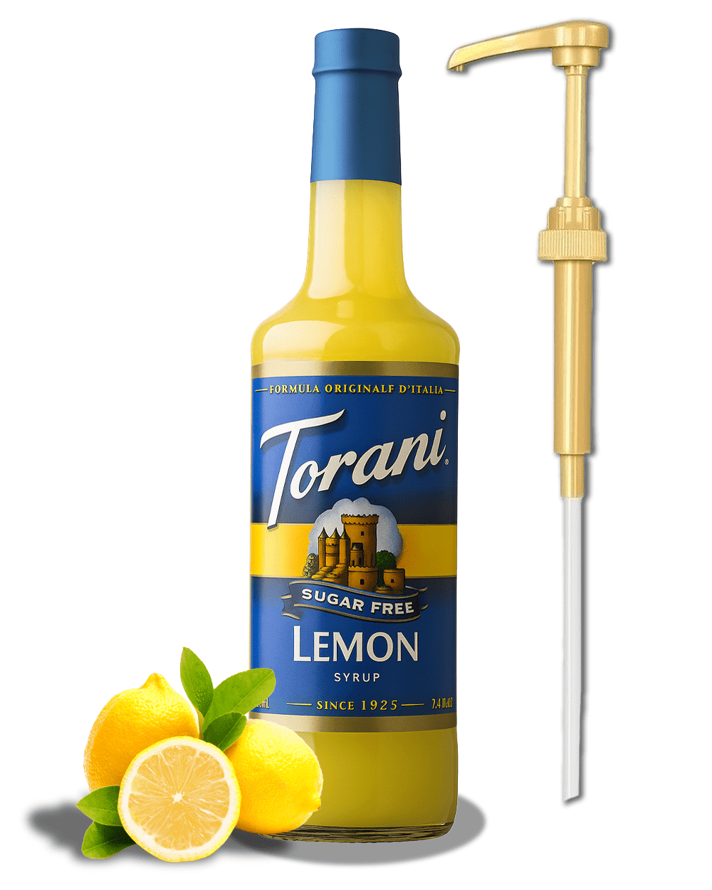 Torani Sugar Free Lemon Syrup, 750mL (25.4 fl oz) Bottle + Gold Pump ...