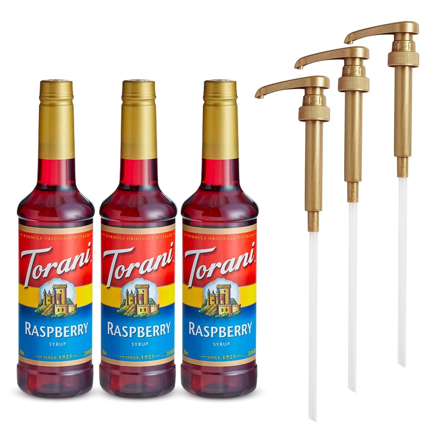 Torani Syrups 25.4Oz 3 Pack Raspberry Syrup for Coffee with 3 Gold Pump ...