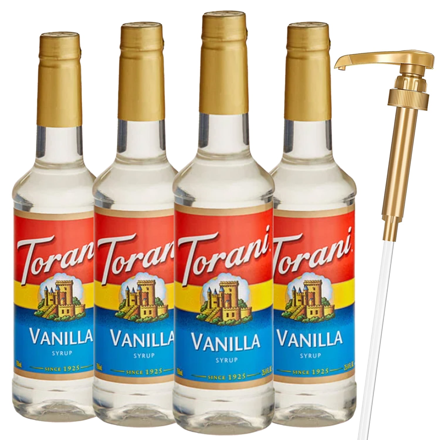 Torani Vanilla Syrup, 25.4 oz (750ml) l Pack of 4 + Gold Syrup Pump ...