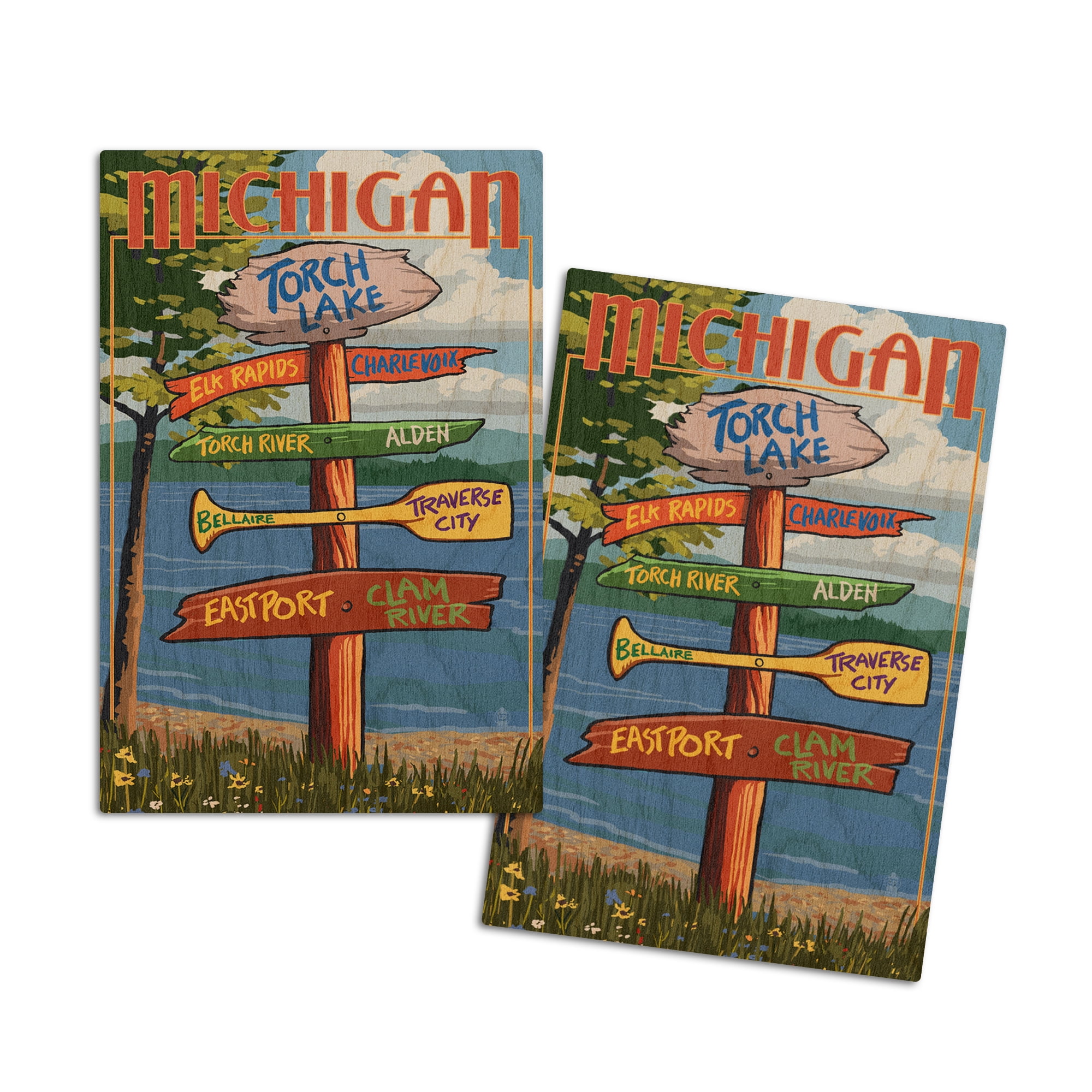 Torch Lake, Michigan, Destinations Sign (4x6 Birch Wood Postcards, 2 ...