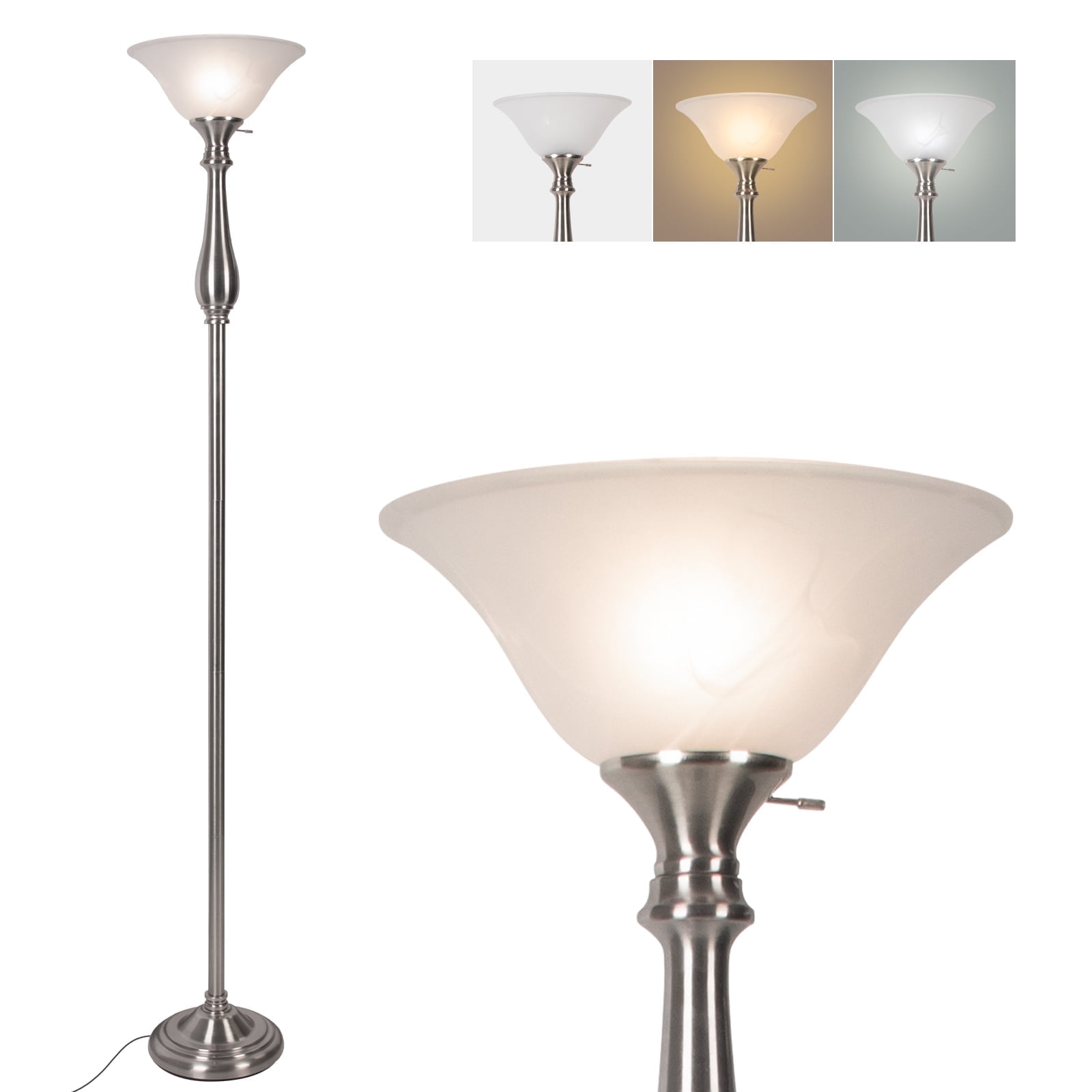HonoDing Torchiere Floor Lamp, 1-Light, Brushed Nickel, Alabaster Glass ...