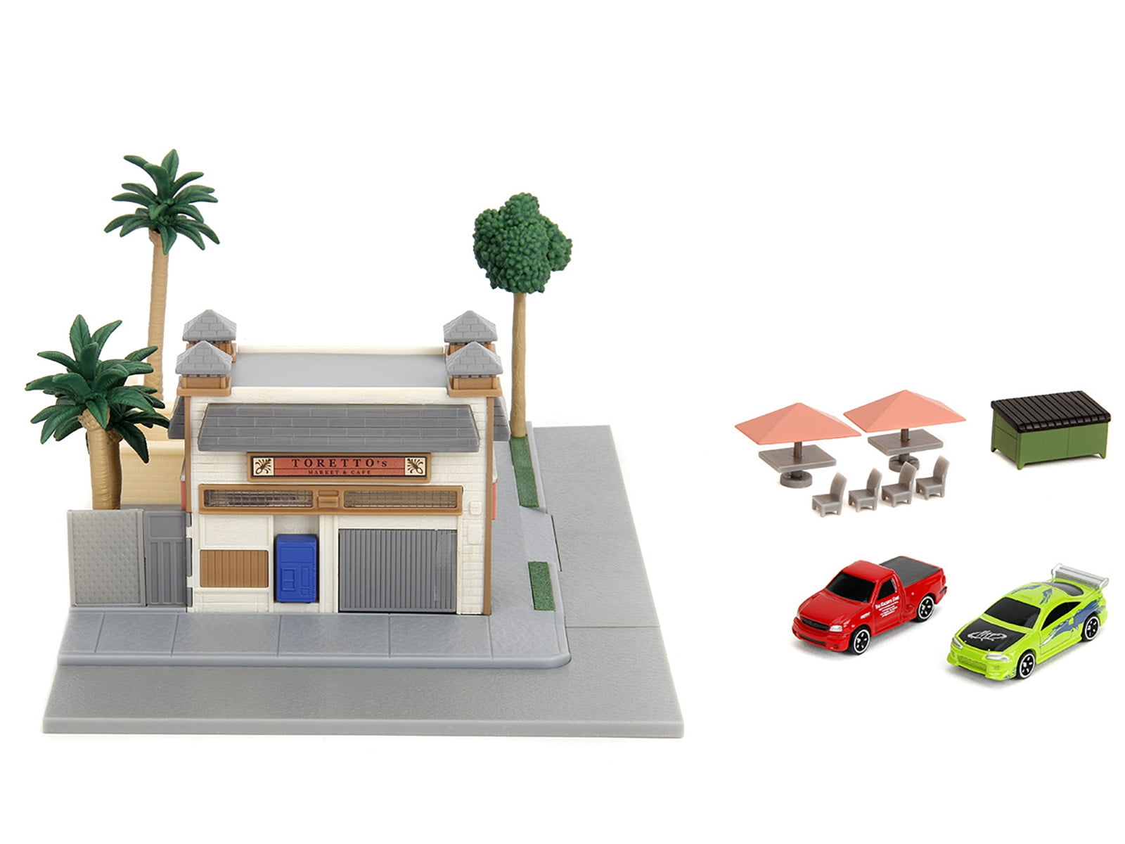 Toretto Cafe Diorama with Mitsubishi Eclipse Green and Ford F-150 SVT ...
