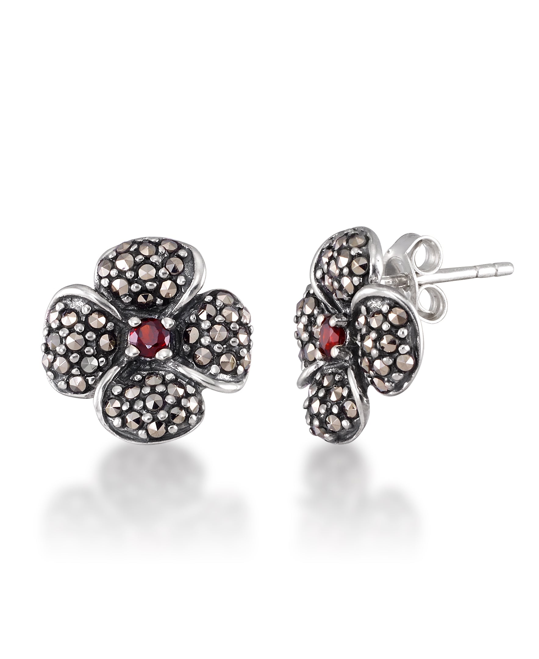 Tori Hill® Genuine Marcasite and Garnet Sculpted Flower Earrings ...