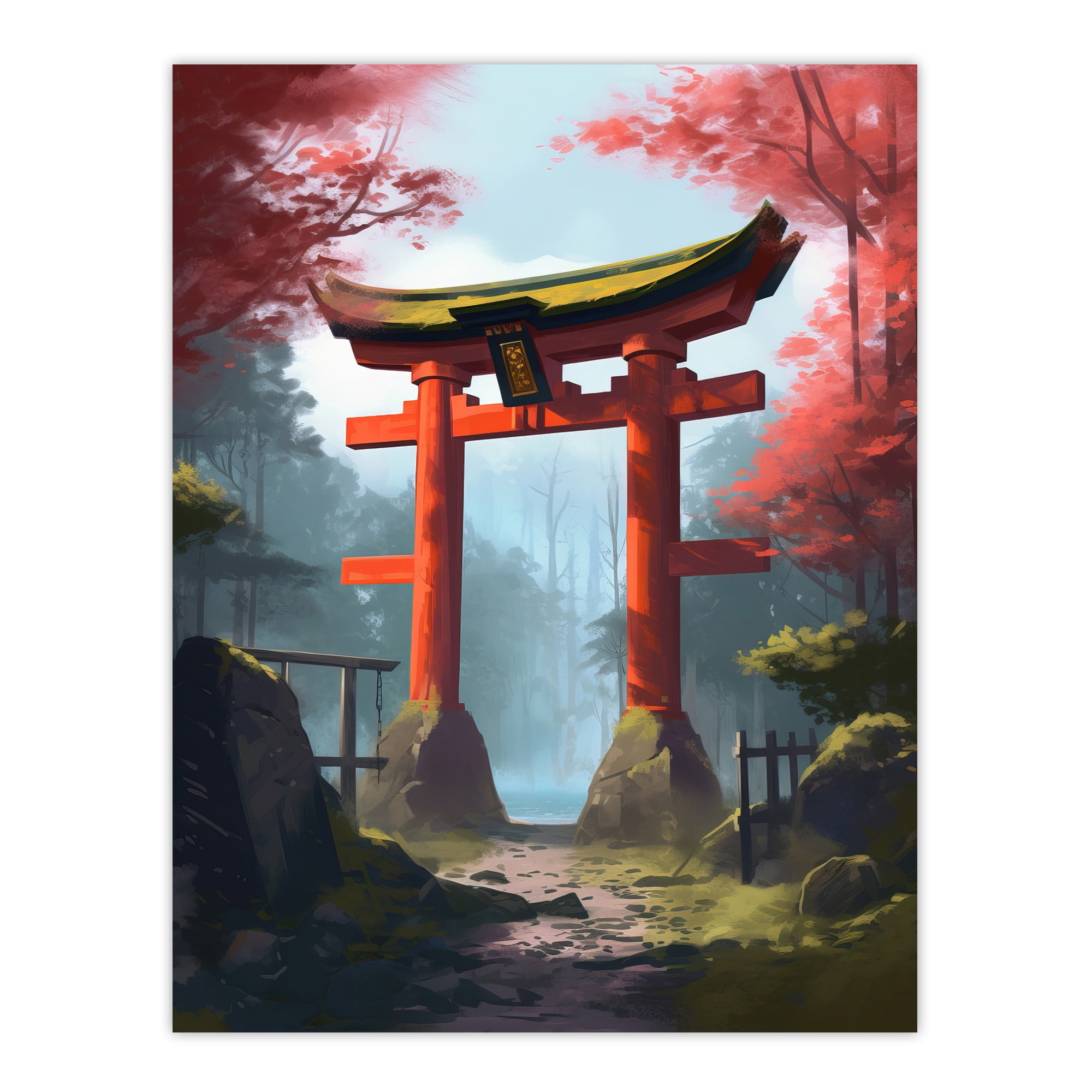 Torii Gate Leading to Shinto Shrine in Forest Painting Red Pink Green ...