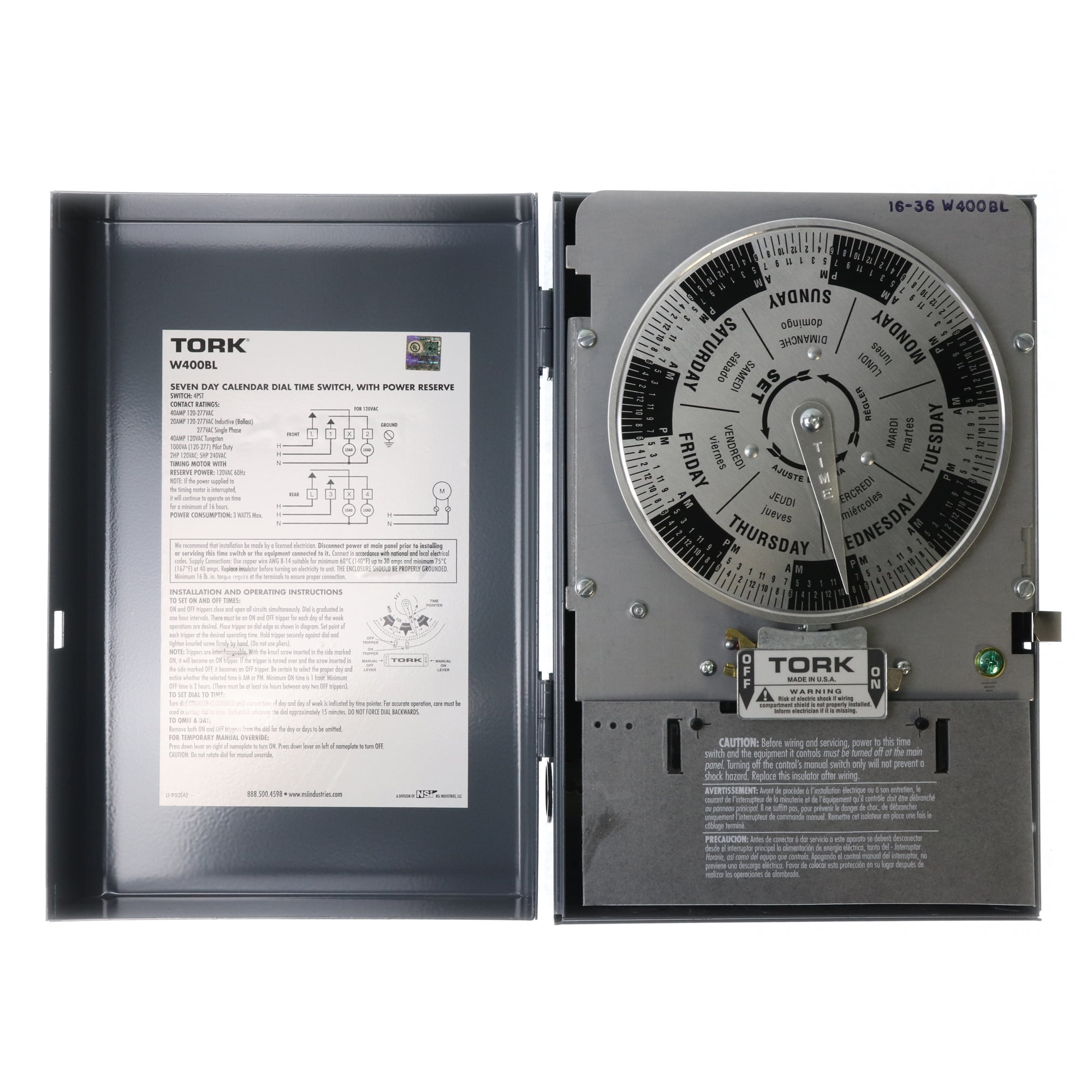 Tork NSI W400BL Mechanical Time Switch, 7-Day, NEMA-1, 120/240/277V ...