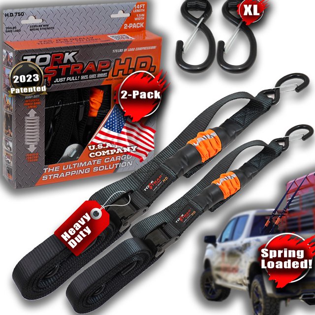 TorkStrap HD750 - Spring Loaded Tie Down Straps with Hooks - Just Pull ...