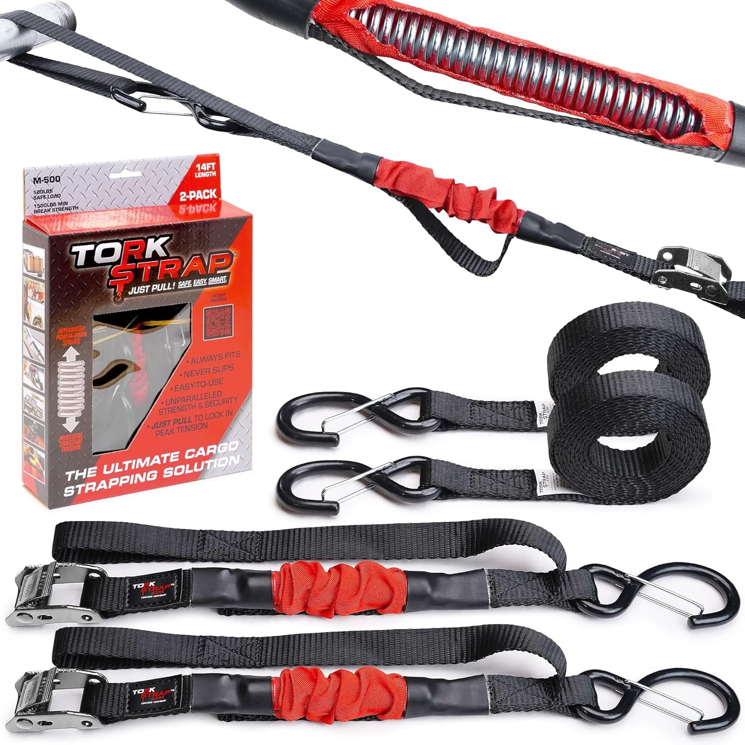 TorkStrap M500 | 14' x 1'' Spring Loaded Tie Down Straps - Adapts to ...