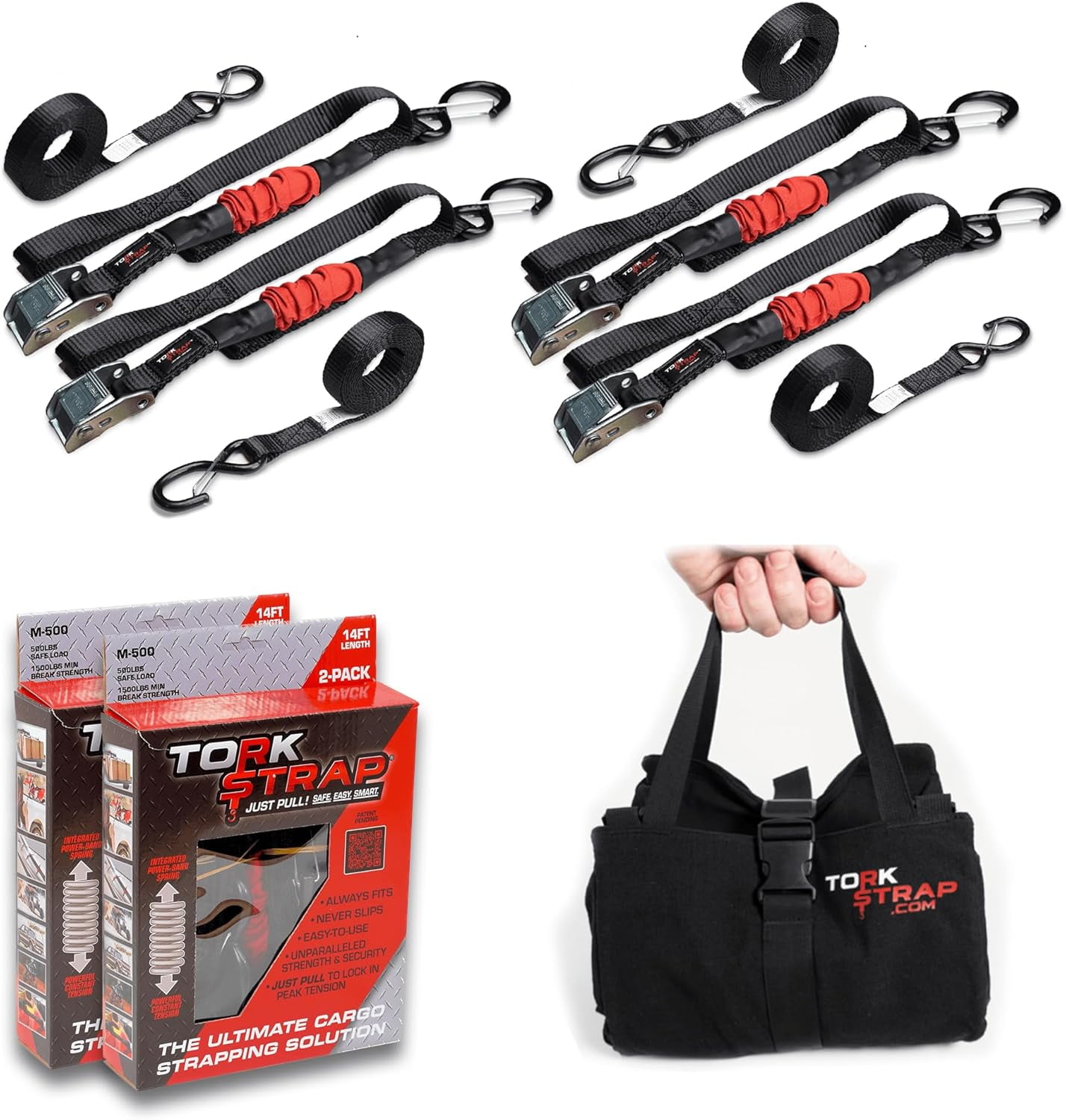 TorkStrap M500 Bundle | 14' x 1'' Spring Loaded Tie Down Straps with ...