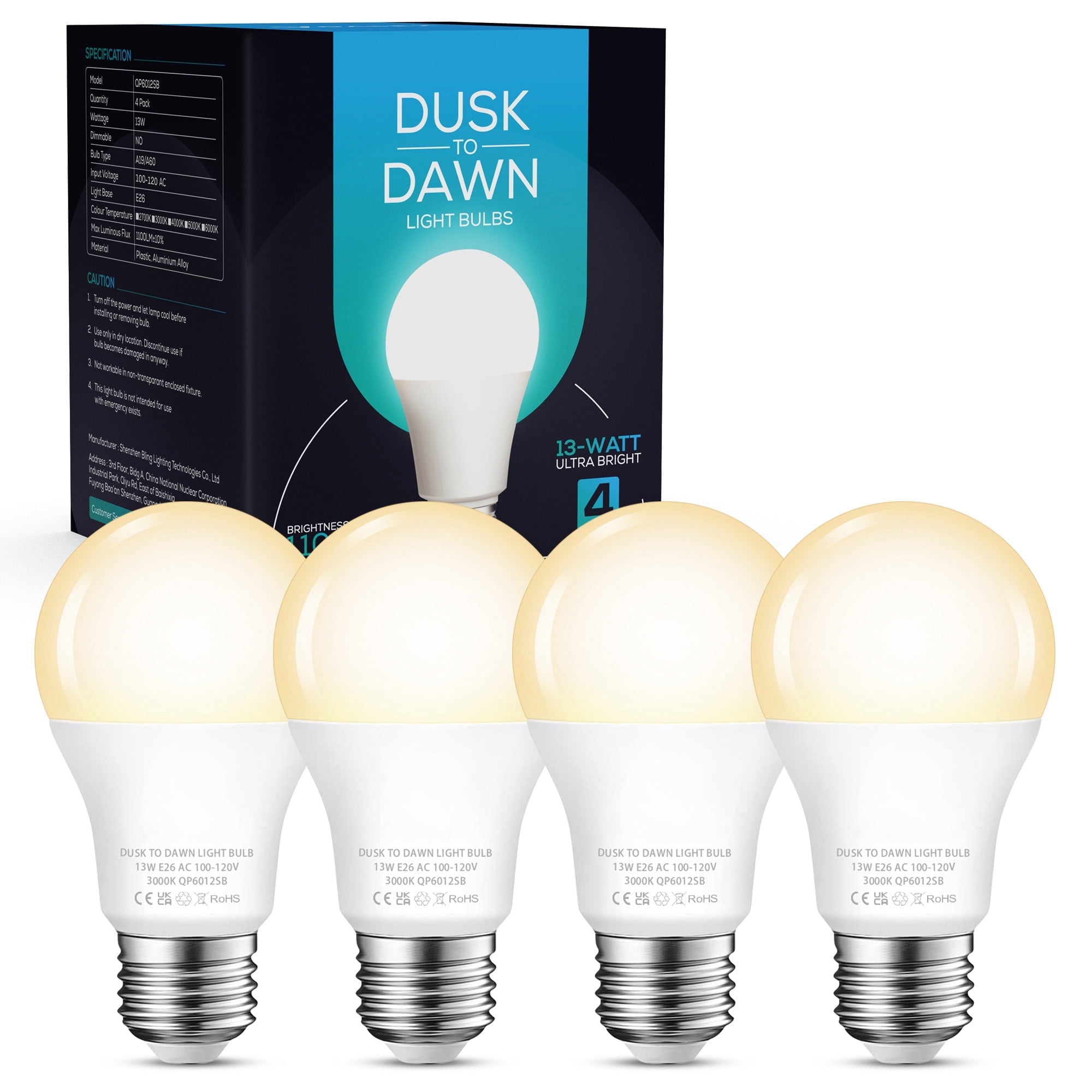 Torkase Outdoor Dusk to Dawn Light Bulbs 13W Warm White Auto On Off ...