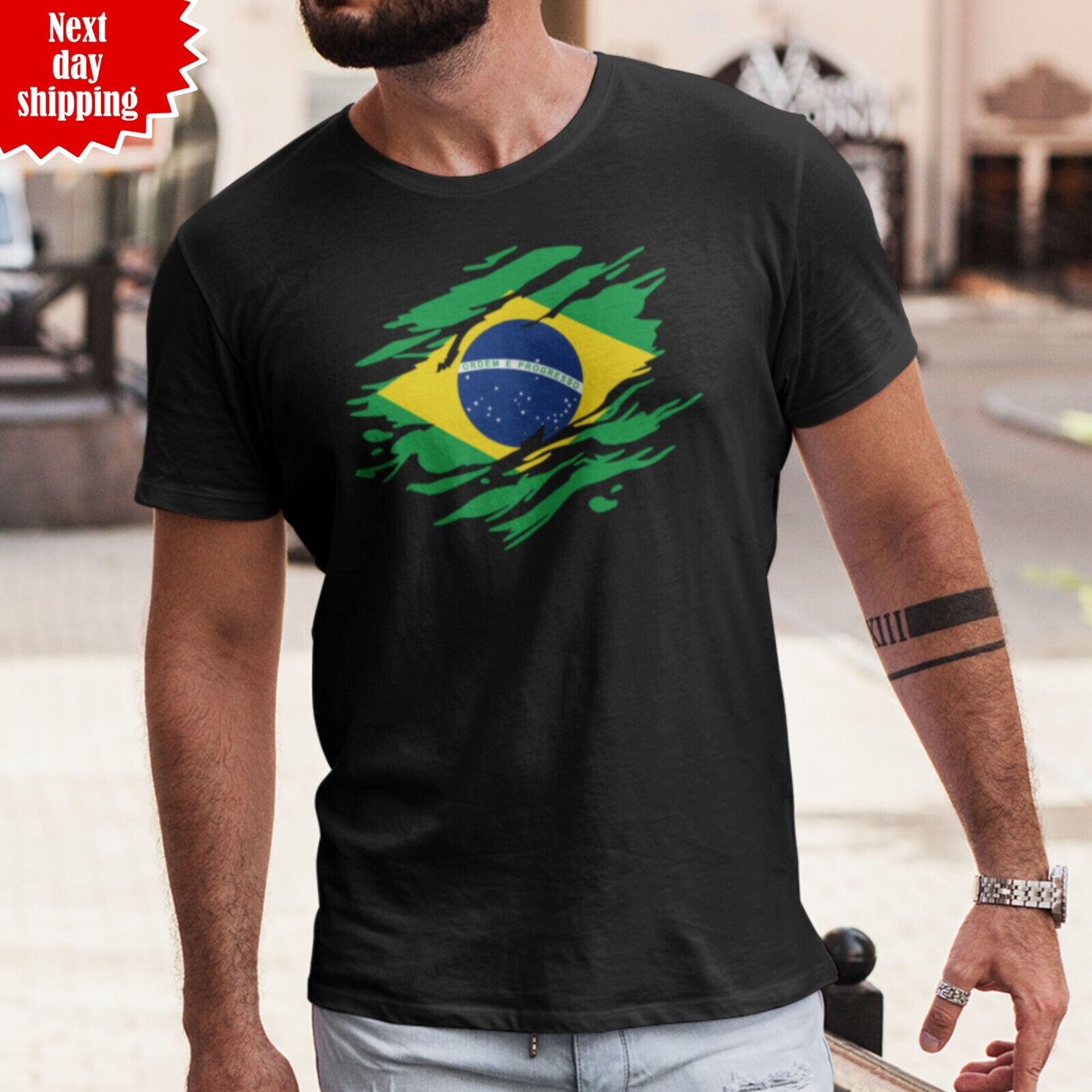 Torn Brazil Flag T Shirt Brazilian Day Football Mens Short SLeeve Crew ...
