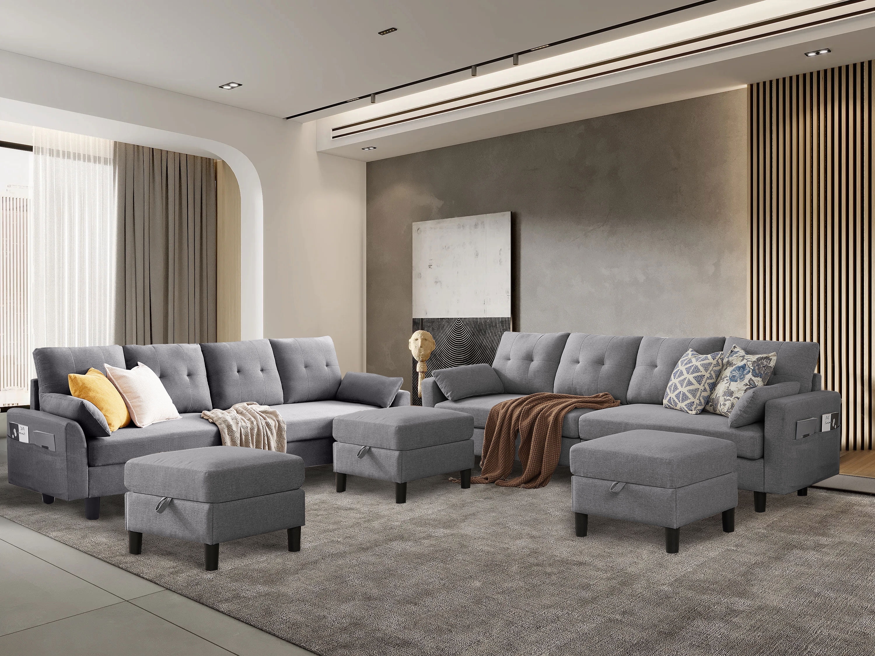 Tornama Linen Convertible U Shaped Sectional Sofa, Light Grey, Modular ...
