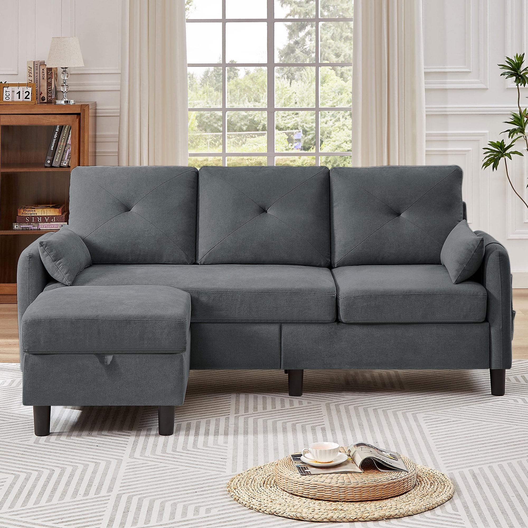 Tornama Linen Small L Shaped 3-Seat Convertible Sectional Sofa, Dark ...