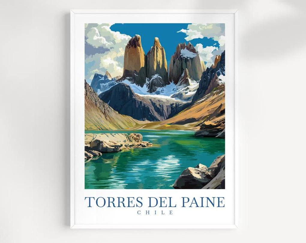 Torres Del Paine Chile Travel Print Wall Art - Illustrated Mountain ...