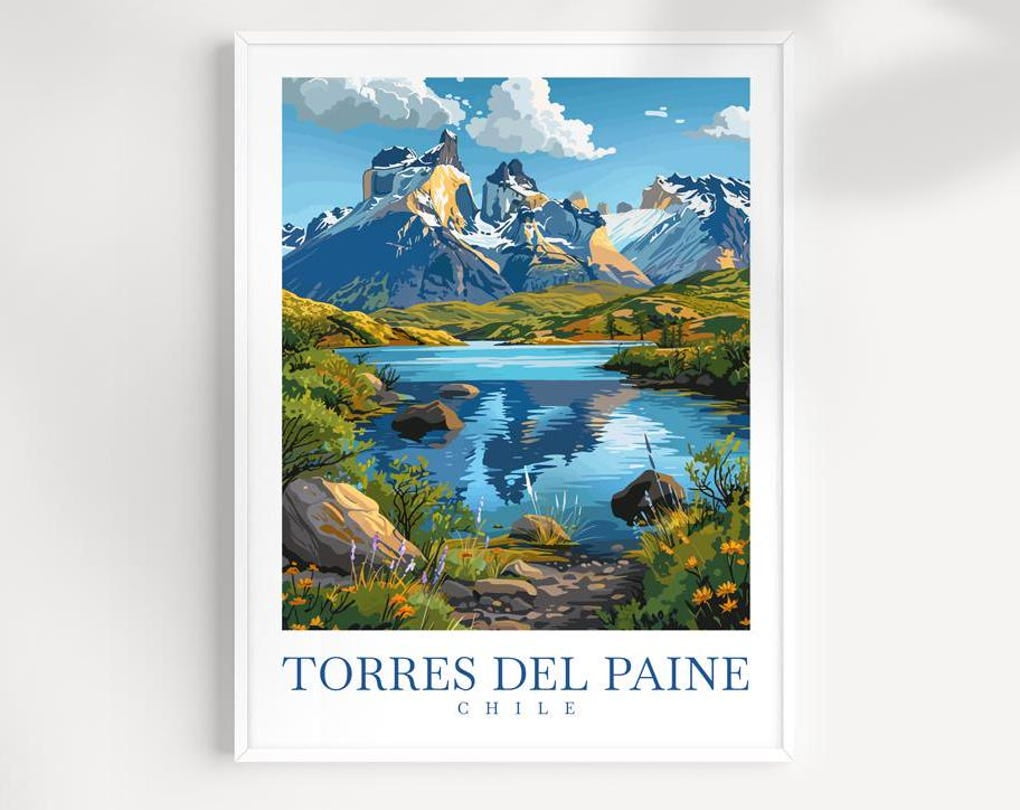 Torres Del Paine Chile Travel Print Wall Art - Illustrated Mountain ...