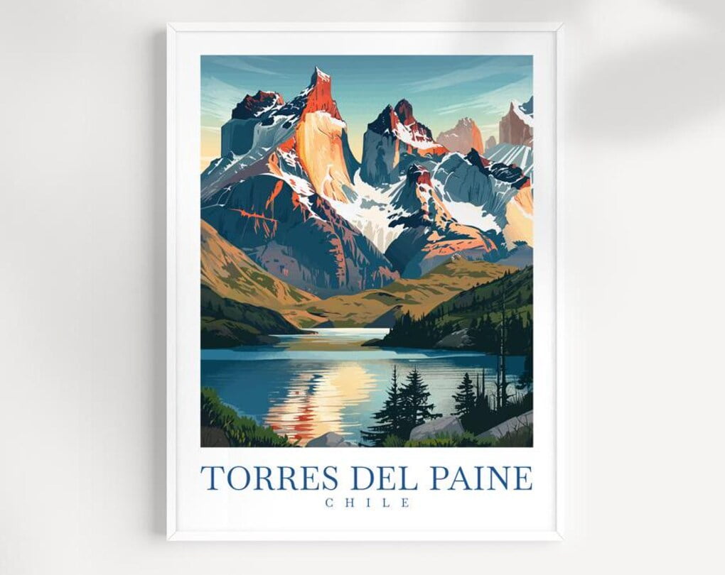 Torres Del Paine Chile Travel Print Wall Art - Illustrated Mountain ...