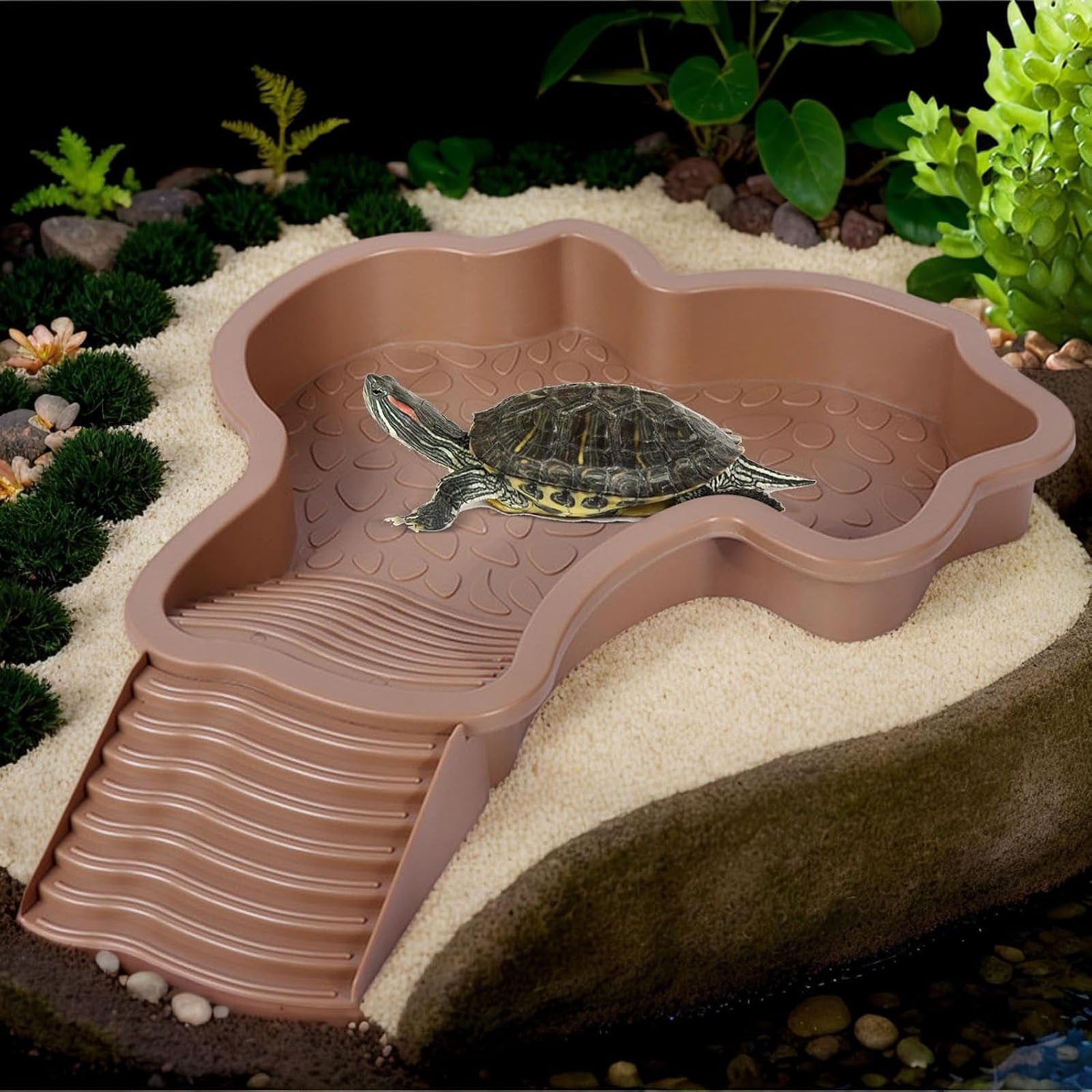 Tortoise Water Dish with Ramp and Basking Platform, Reptile Food Dish ...