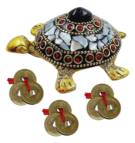 Tortoise for Good Luck for Home with Feng Shui Coins, Metal Kachua Feng ...