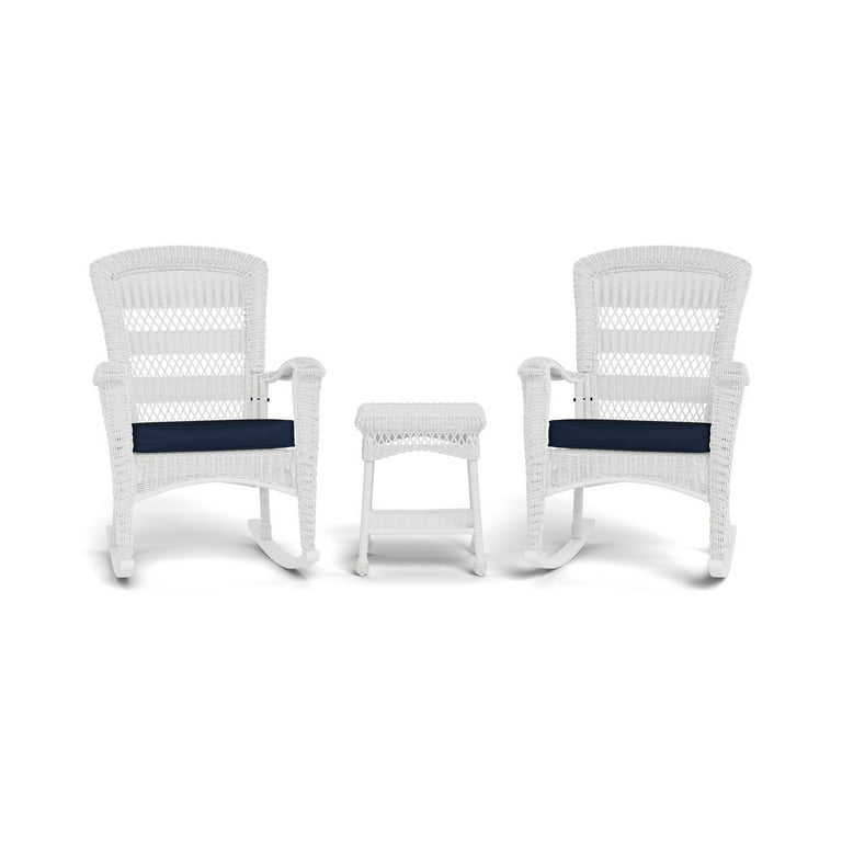 Tortuga Outdoor Portside Plantation Rocking Chair 3 Piece Set White w Navy Cushion
