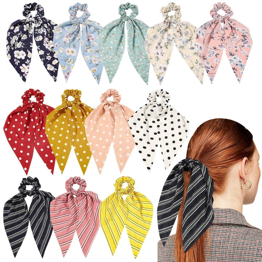 Torubia 12 Pcs Hair Scarf Scrunchies with Tails Chiffon Ribbon Ponytail ...