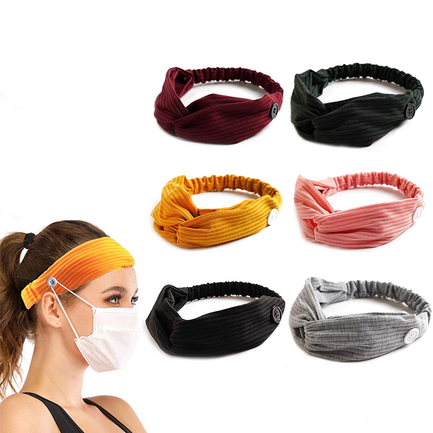 Torubia 6 Pack Boho Headbands with Buttons for Face Masks Covers,Button ...